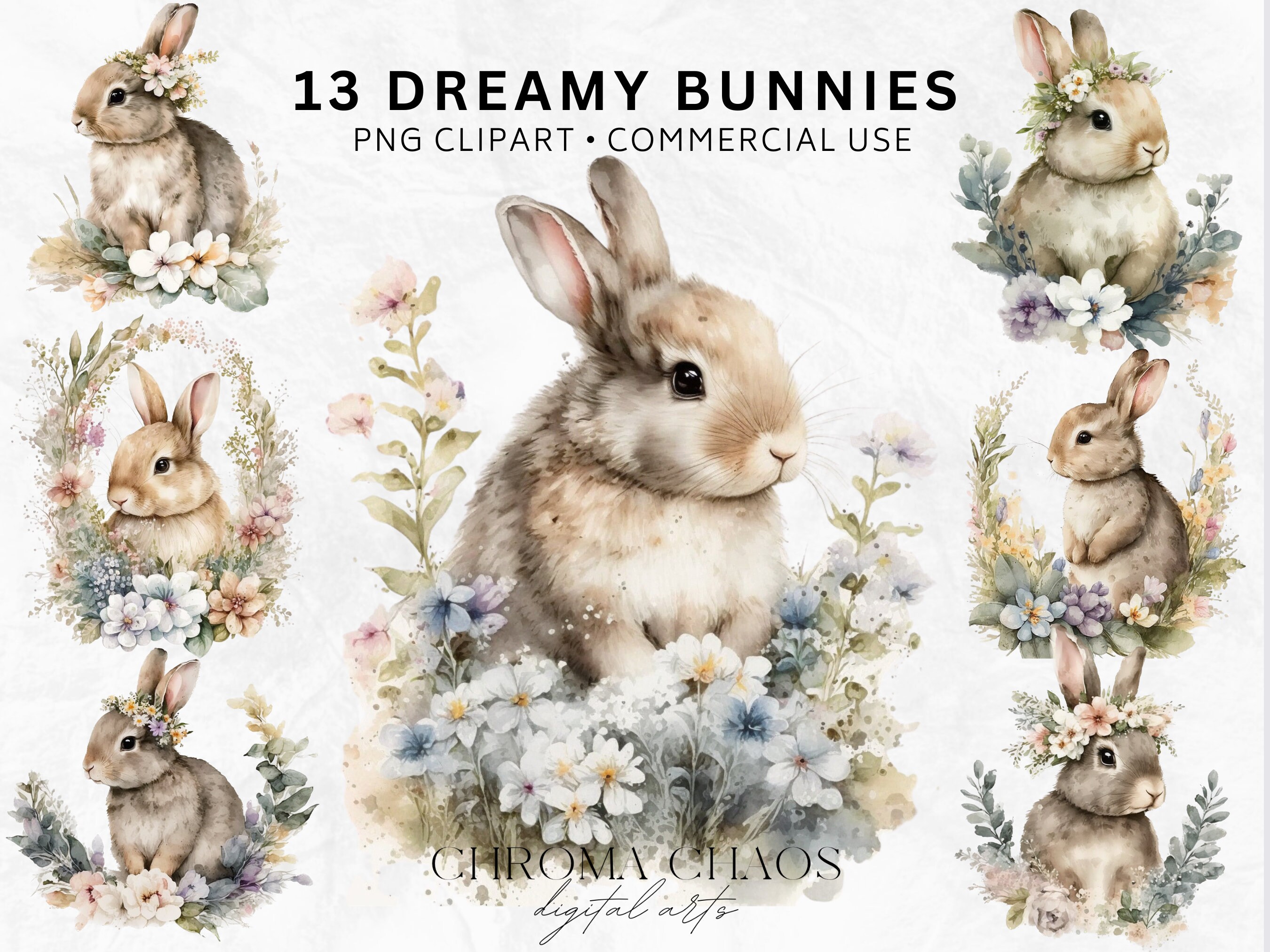 Watercolor Cute Bunny With Flowers Clipart Pack, Clipart for Commercial ...