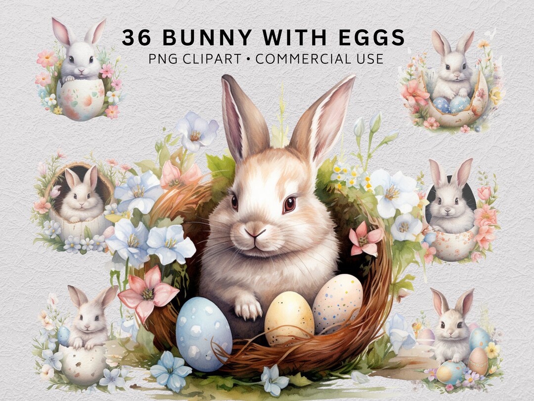 Watercolor Cute Little Bunny Clipart, Rabbit in a Basket, Bunny Clipart ...