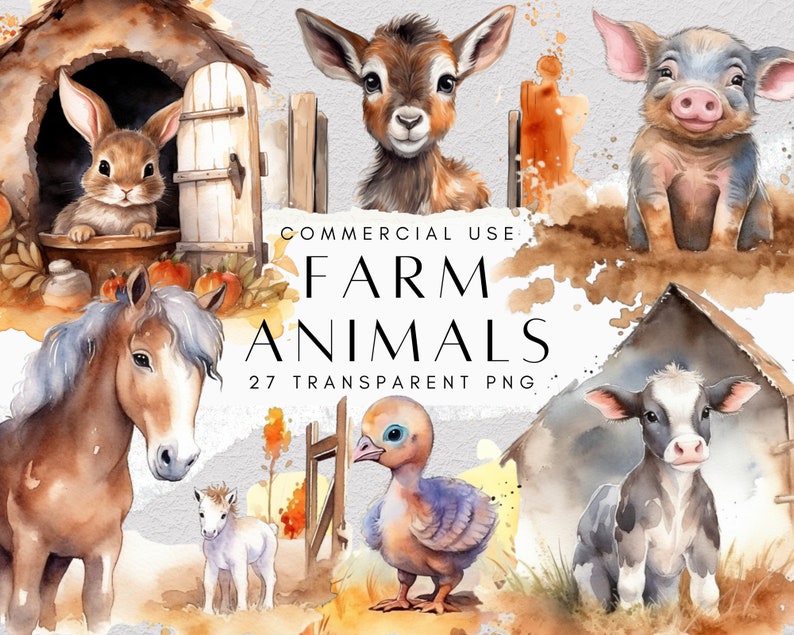 27 Watercolor Farm Animals Clip Art, Junk Journal, Transparent ...