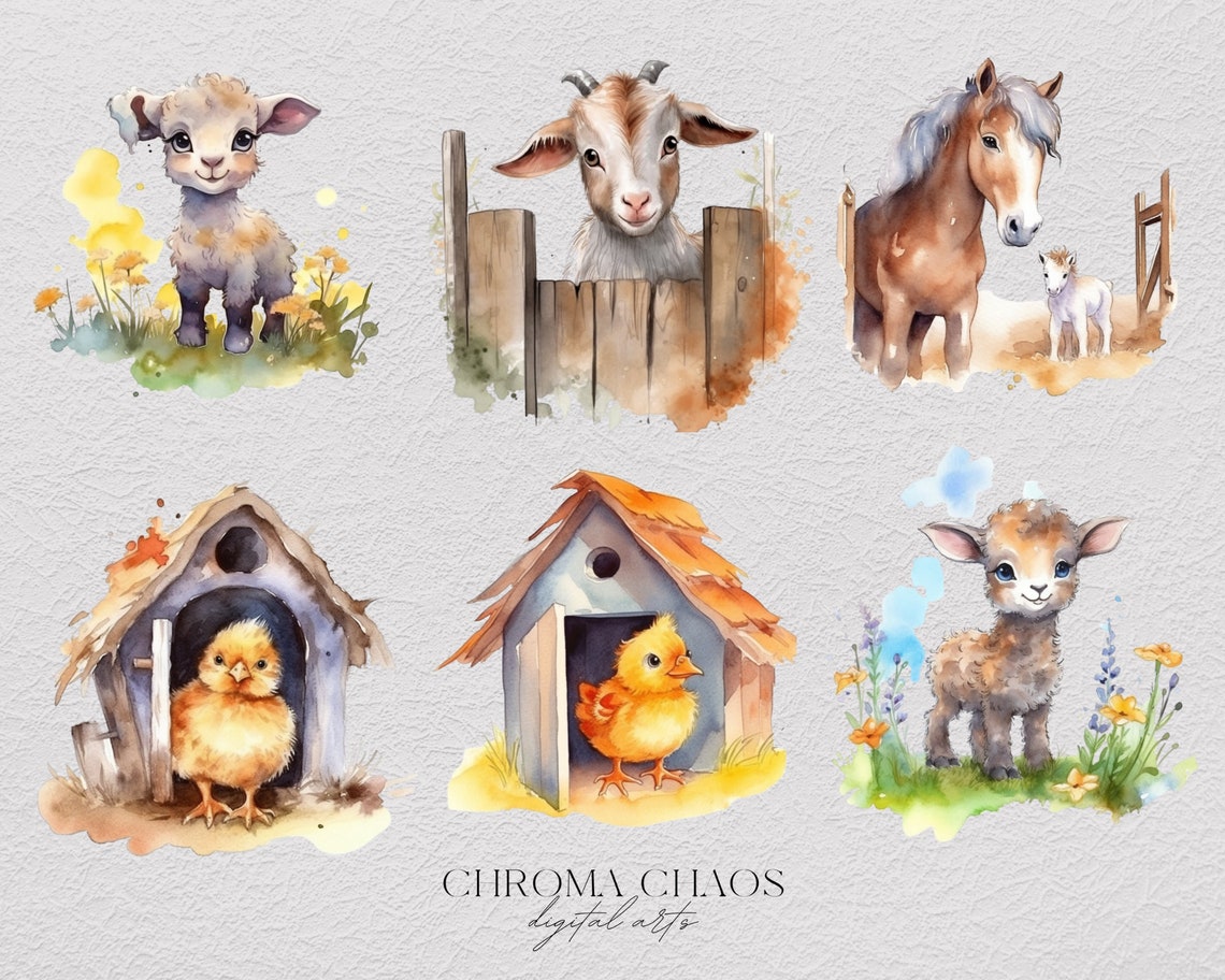 27 Watercolor Farm Animals Clip Art, Junk Journal, Transparent ...