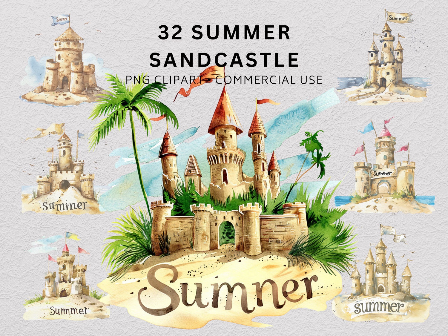 Summer Sandcastle Beach Clipart PNG Bundle Transparent Background Clip ...