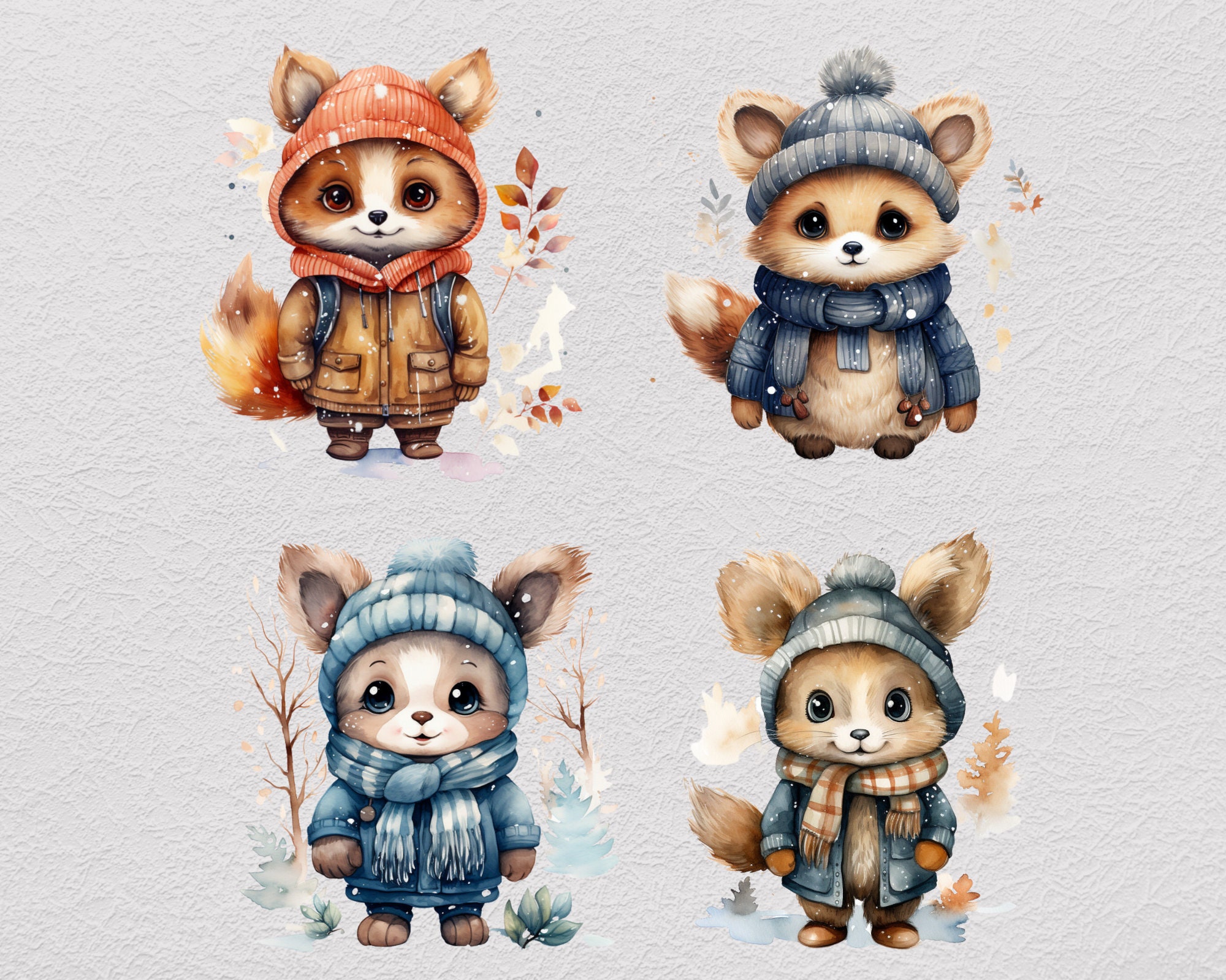 Cute Winter Animals Clipart, Cute Critters, Scarf and Beanie, Snowy ...