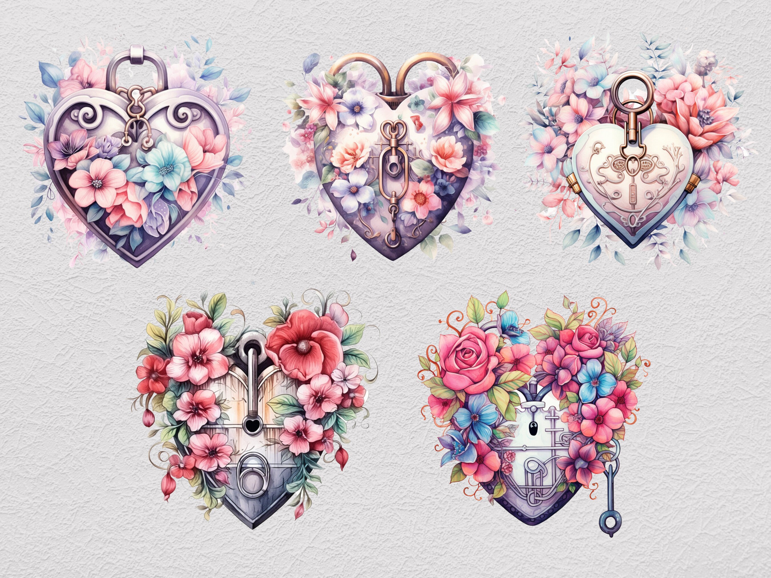 Floral Heart Locks Clipart, Lock PNG, Valentine Clipart, Scrapbook ...