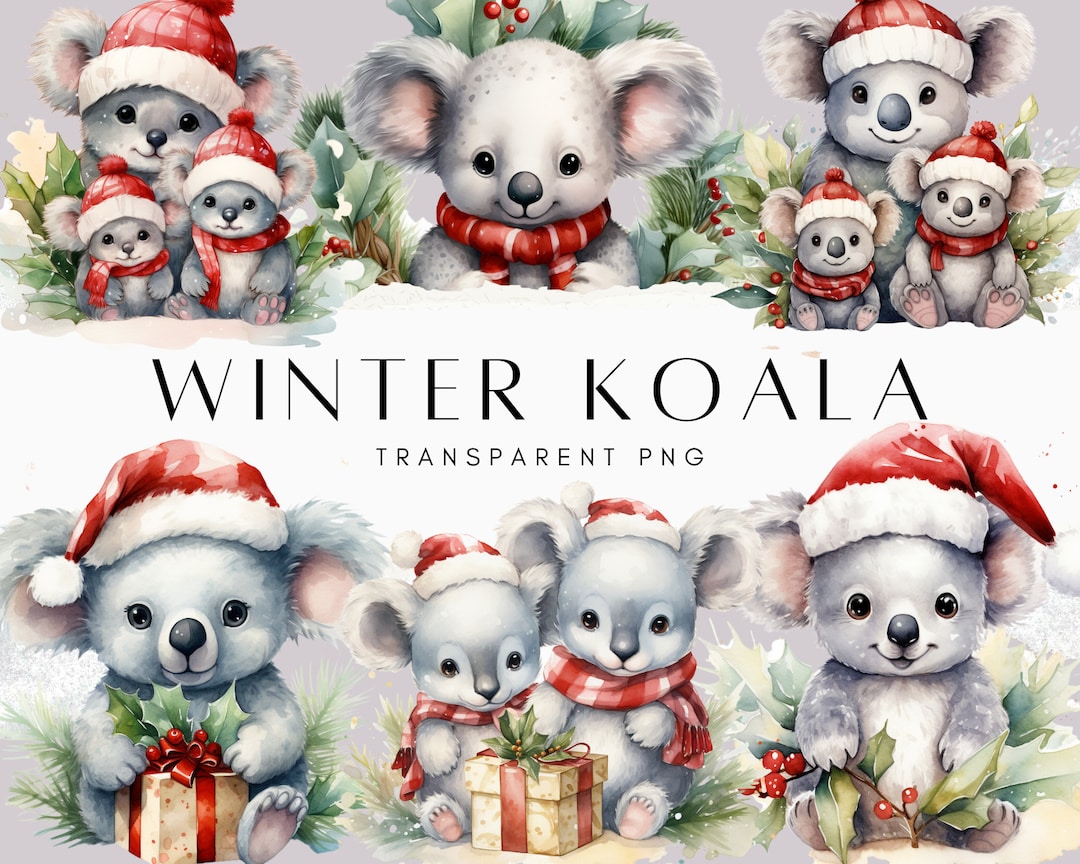 32 Winter Koala Clipart, Koala Family PNG, Scarf and Beanie, Snowy ...