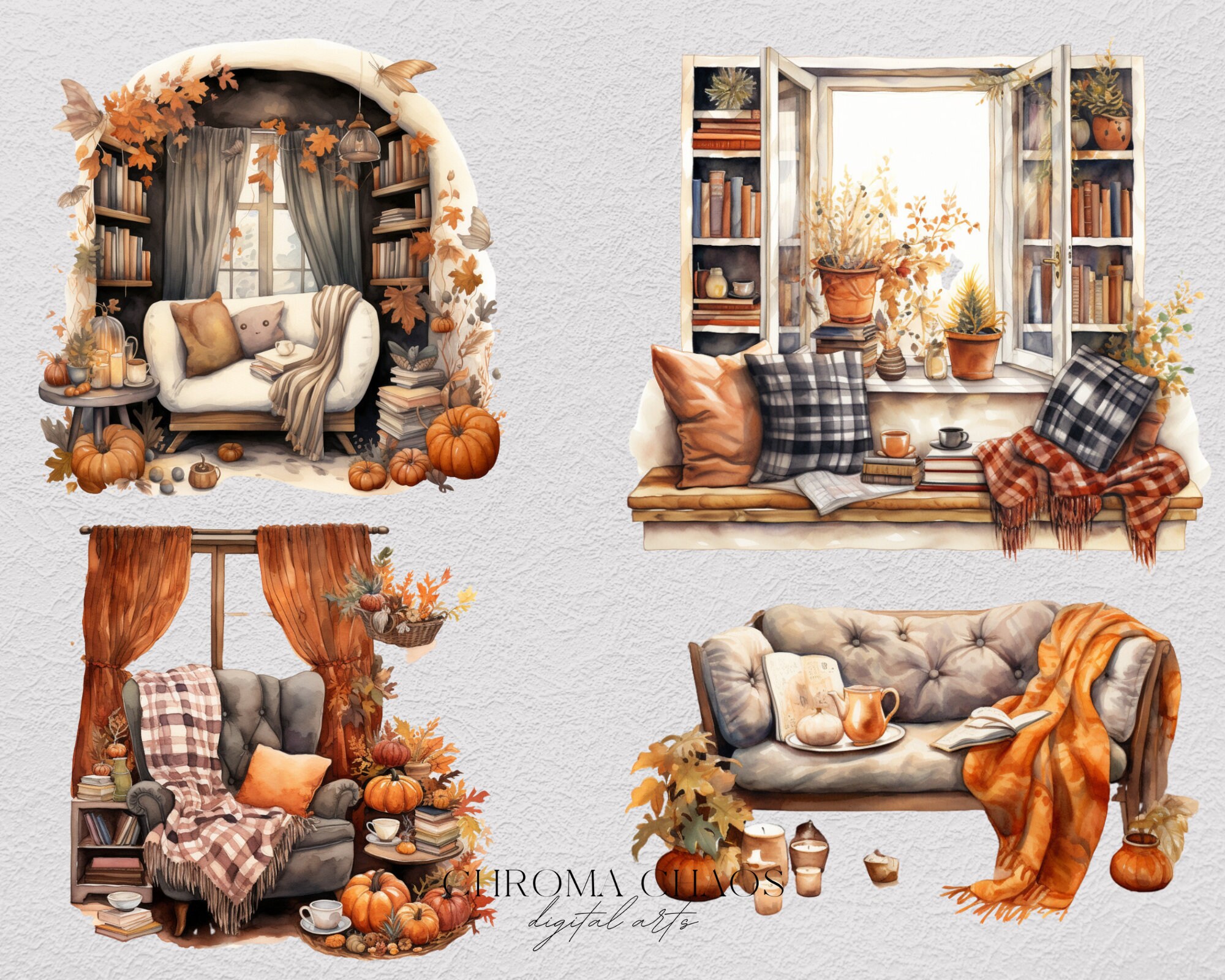 35 Watercolour Reading Corner Clipart Bundle Autumn Reading - Etsy