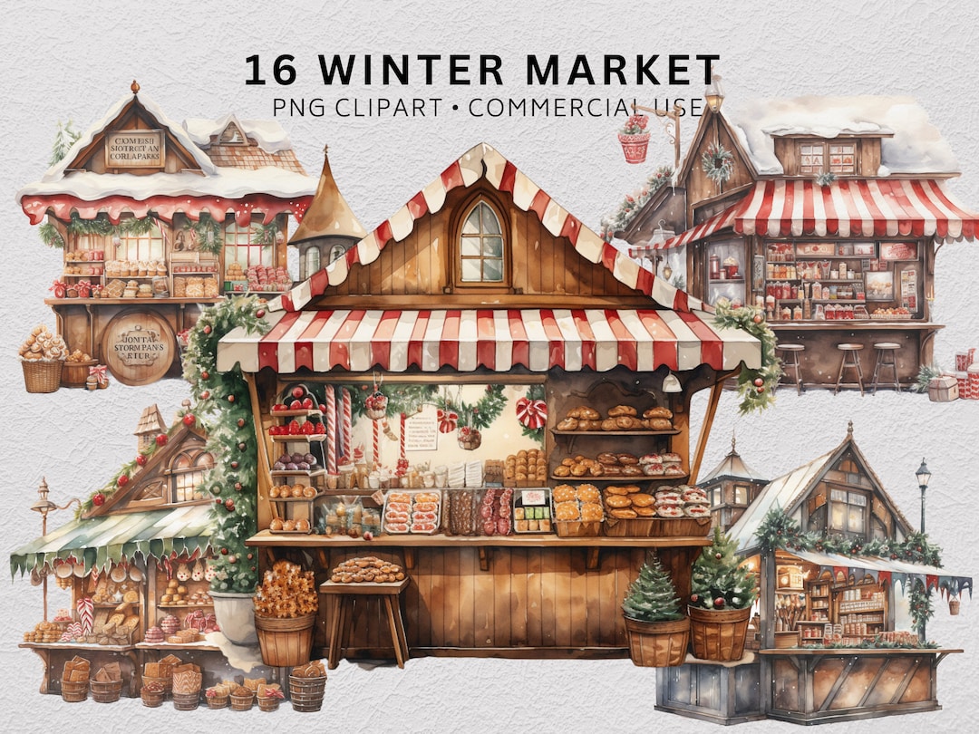 Watercolour Winter Market Clipart Bundle, Christmas Market, Stall ...