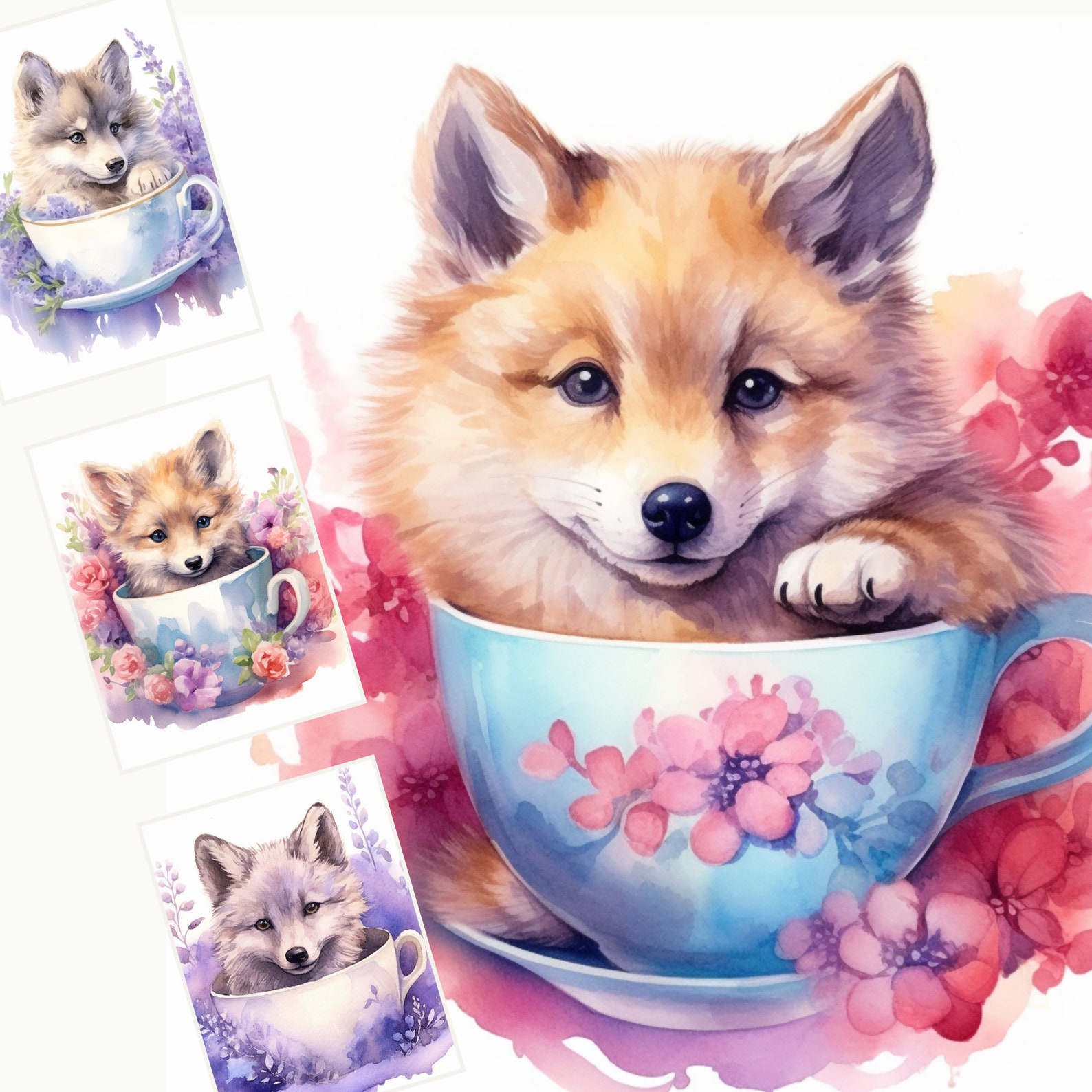 13 Cute Baby Fox in a Cup PNG, Watercolor Clipart, First Birthday Decor ...