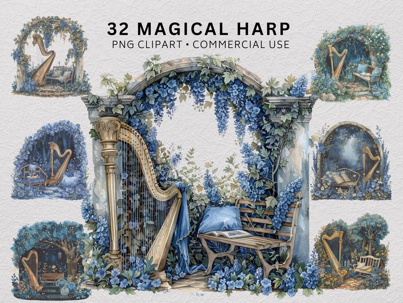 Magical Harps Clipart Bundle, Colorful Harp PNG, Ornament Clipart ...