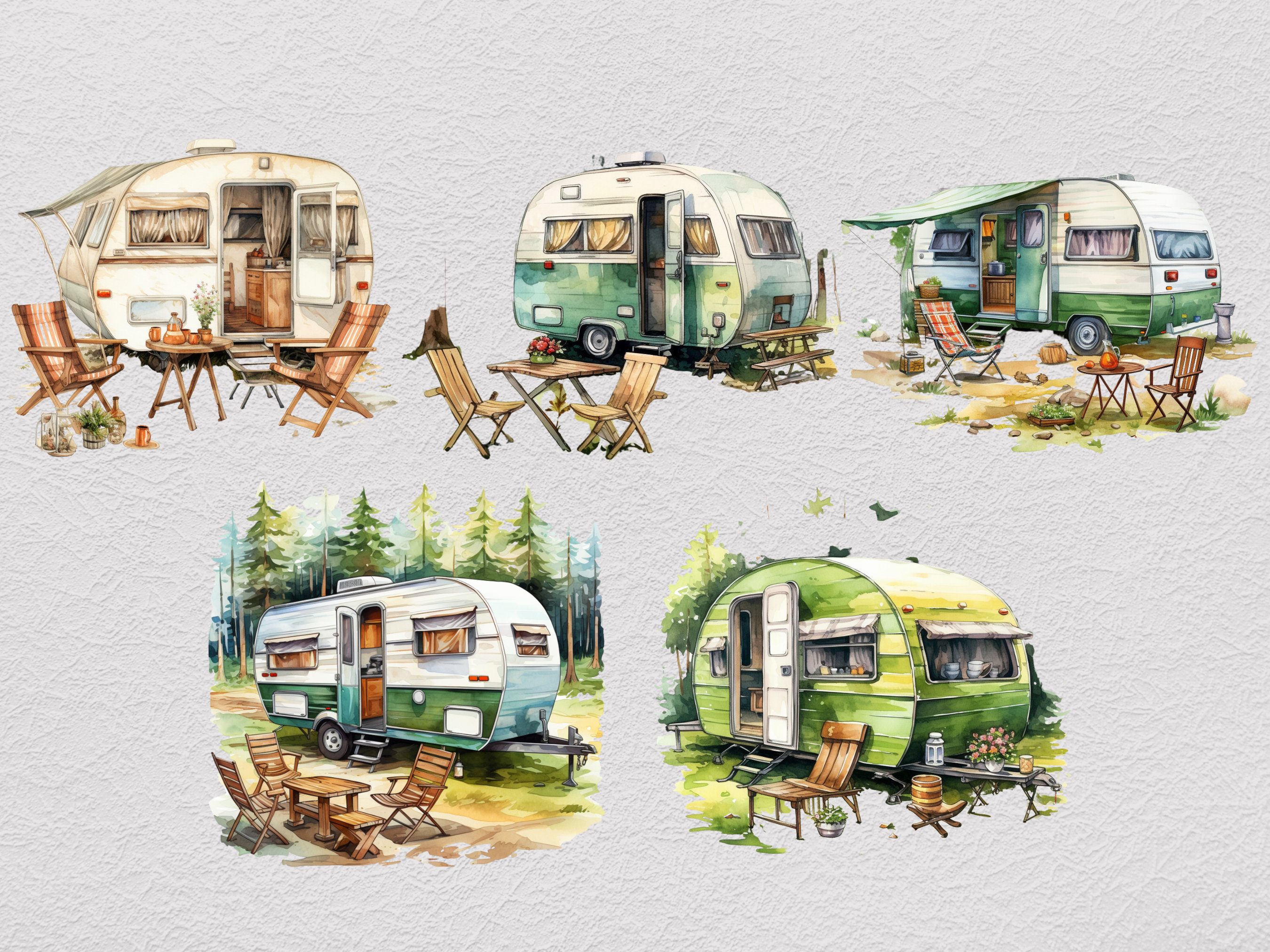 24 Camping Caravan Clipart Bundle, Watercolour Retro Camper PNG ...