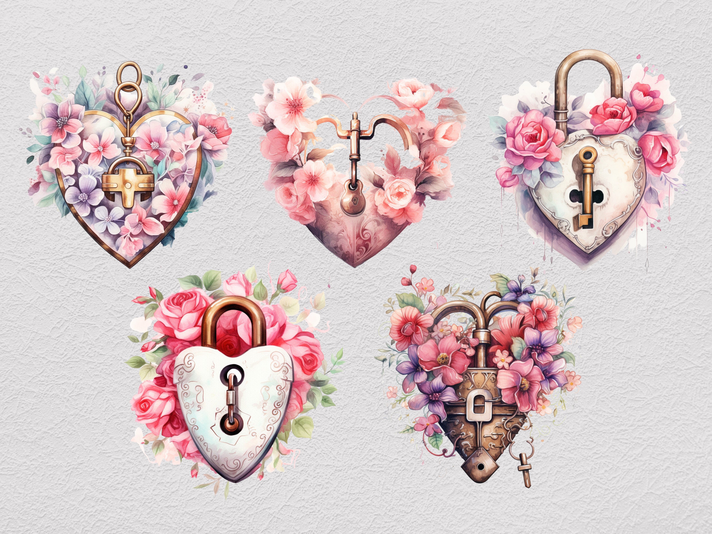 Floral Heart Locks Clipart, Lock PNG, Valentine Clipart, Scrapbook ...