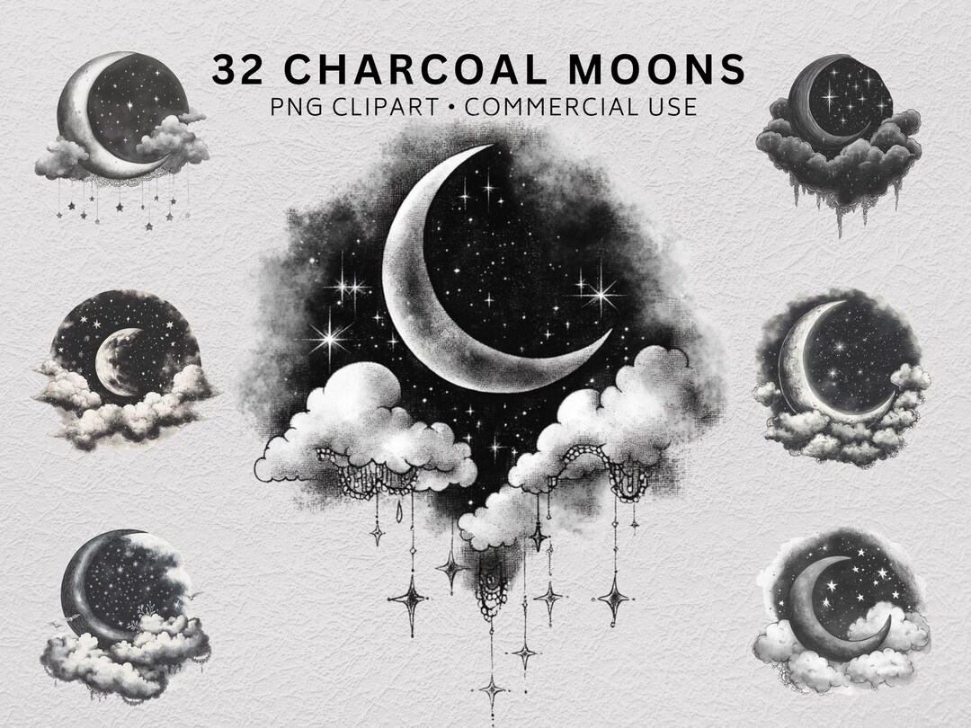 Charcoal Moon Clipart Bundle, Black White Moon of Halloween, Vintage Witch, Vintage Illustration ...