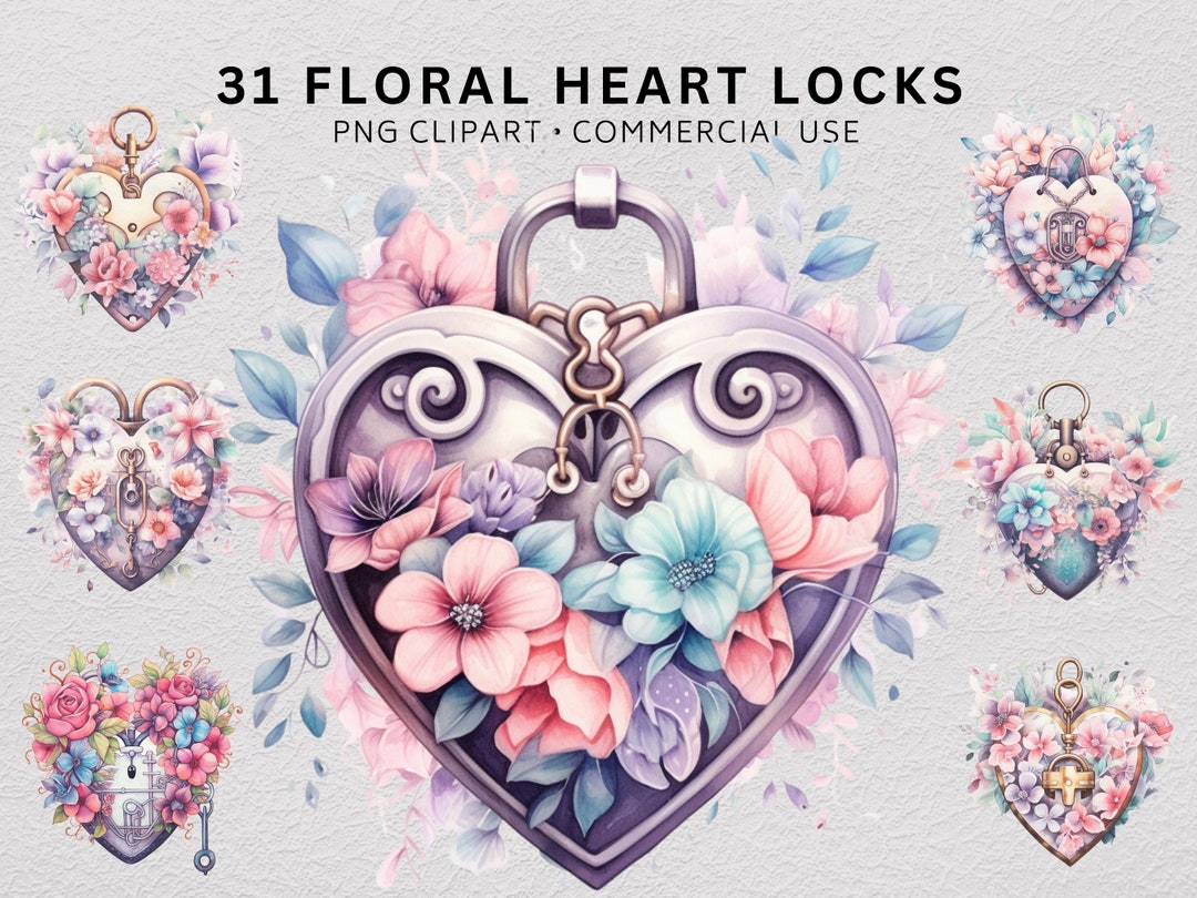 Floral Heart Locks Clipart, Lock PNG, Valentine Clipart, Scrapbook ...