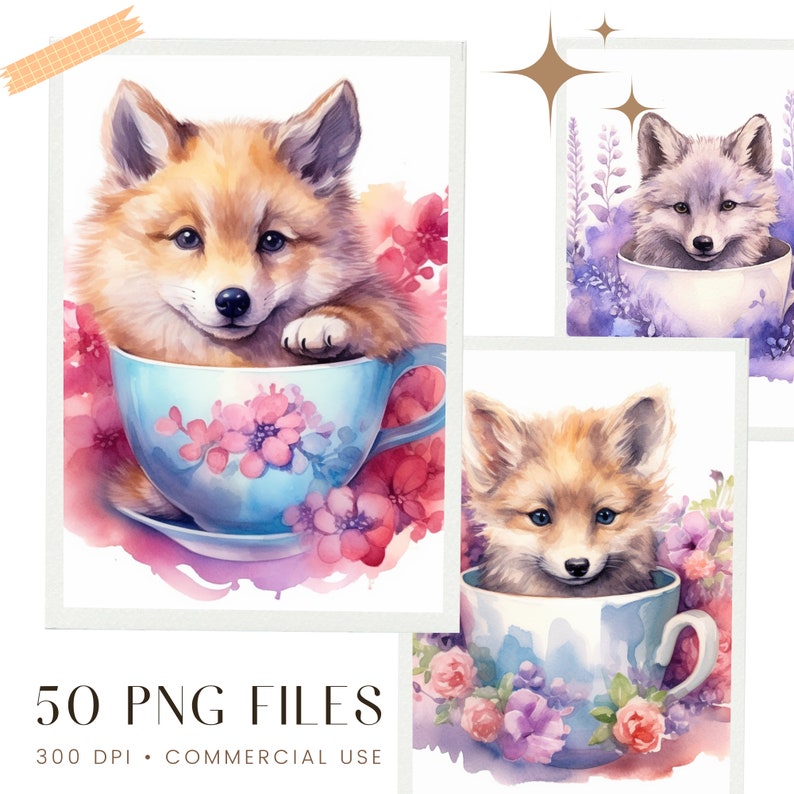 13 Cute Baby Fox in a Cup PNG Watercolor Clipart First - Etsy