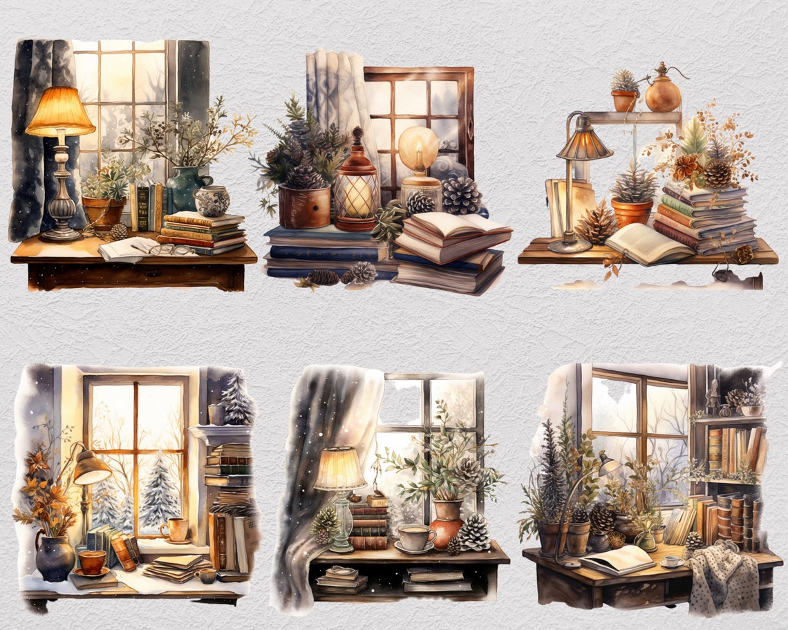 Watercolour Winter Study Clipart Bundle, Books Clipart, Cozy Clipart ...
