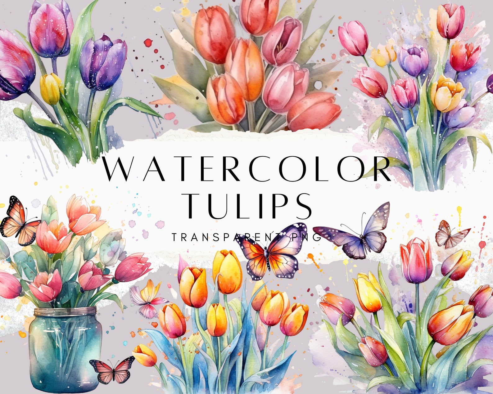 50 Watercolor Tulip Clip Art, Tulip Floral Bouquets in PNG Format ...