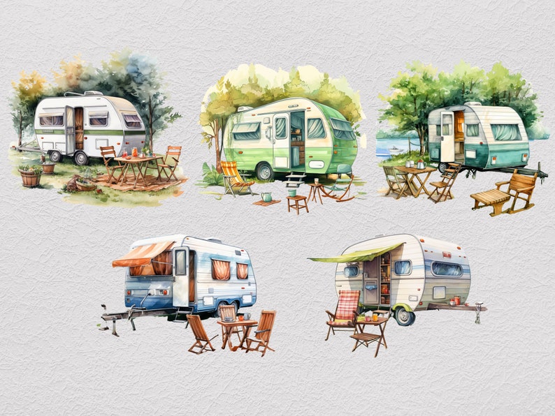24 Camping Caravan Clipart Bundle, Watercolour Retro Camper PNG ...