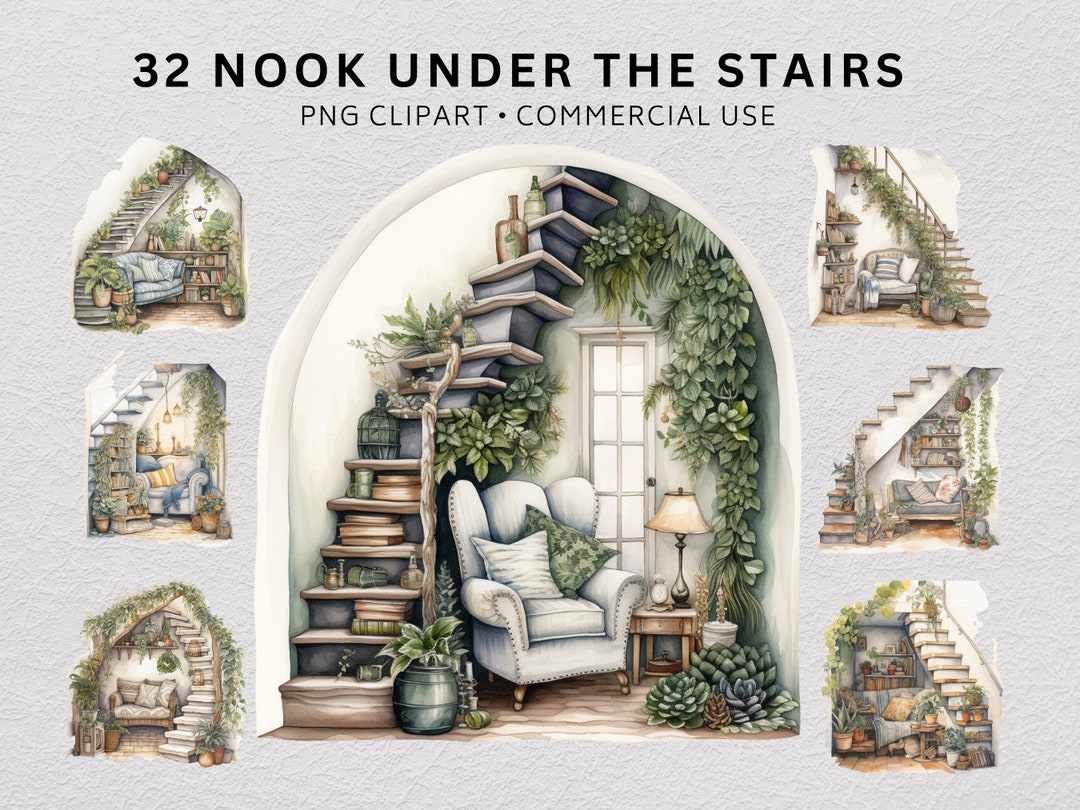 Reading Nook Under the Stairs Clipart, Books Clipart, Cozy Clipart ...