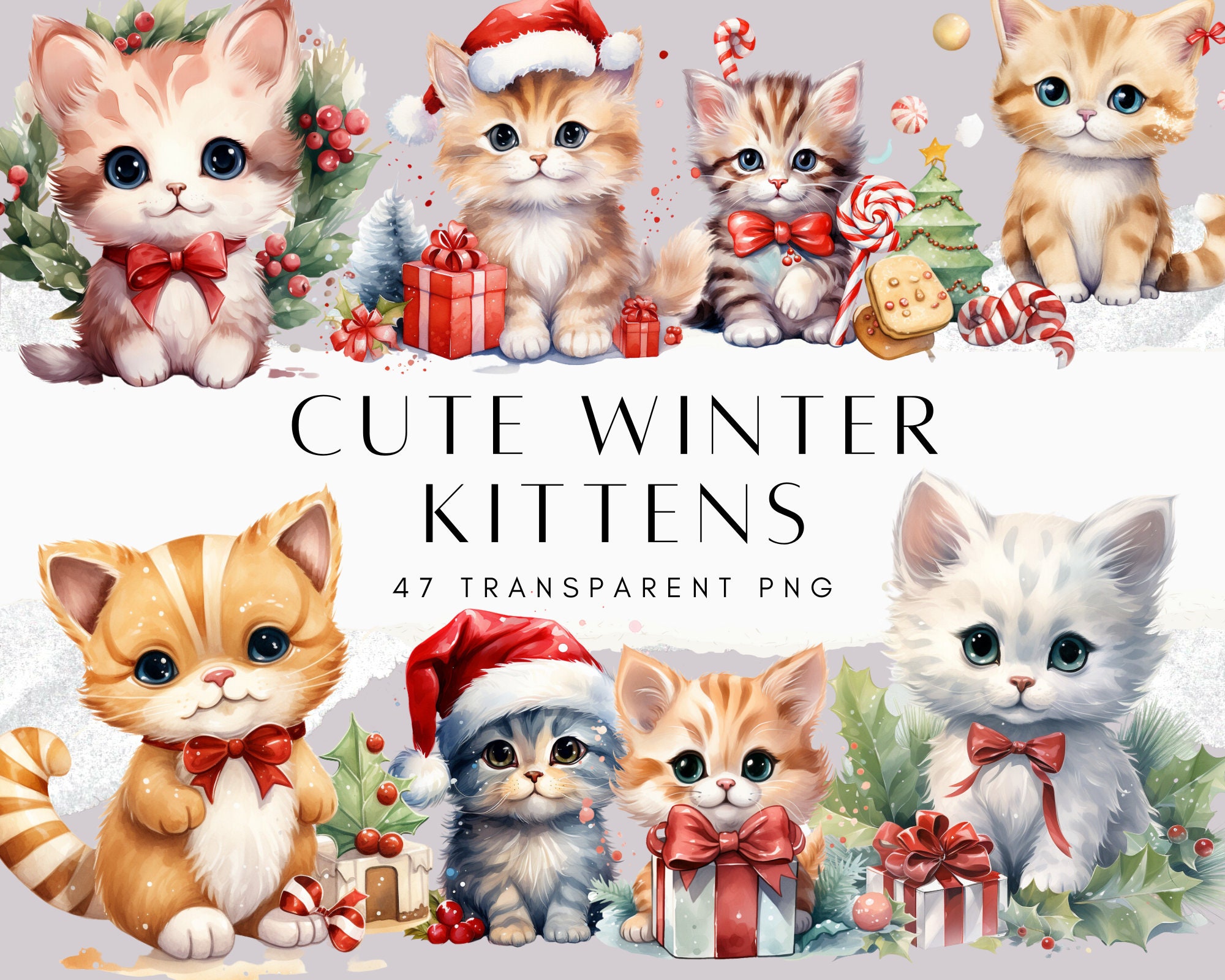 Cute Winter Kittens Clipart, Kitten Family PNG, Scarf and Beanie, Snowy ...