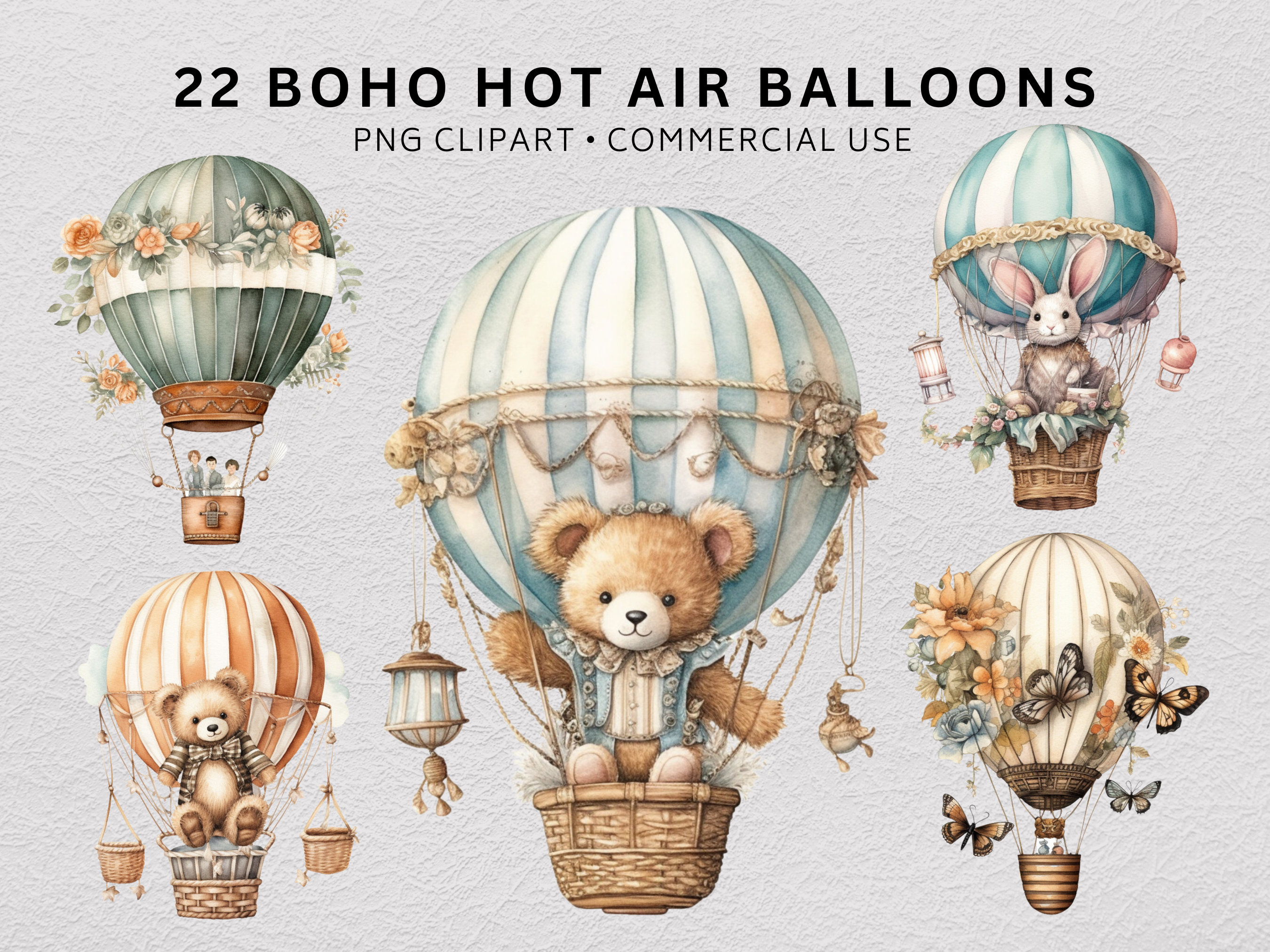 Boho Hot Air Balloons Clipart, Bear in Air Balloon PNG, Nursery Decor ...