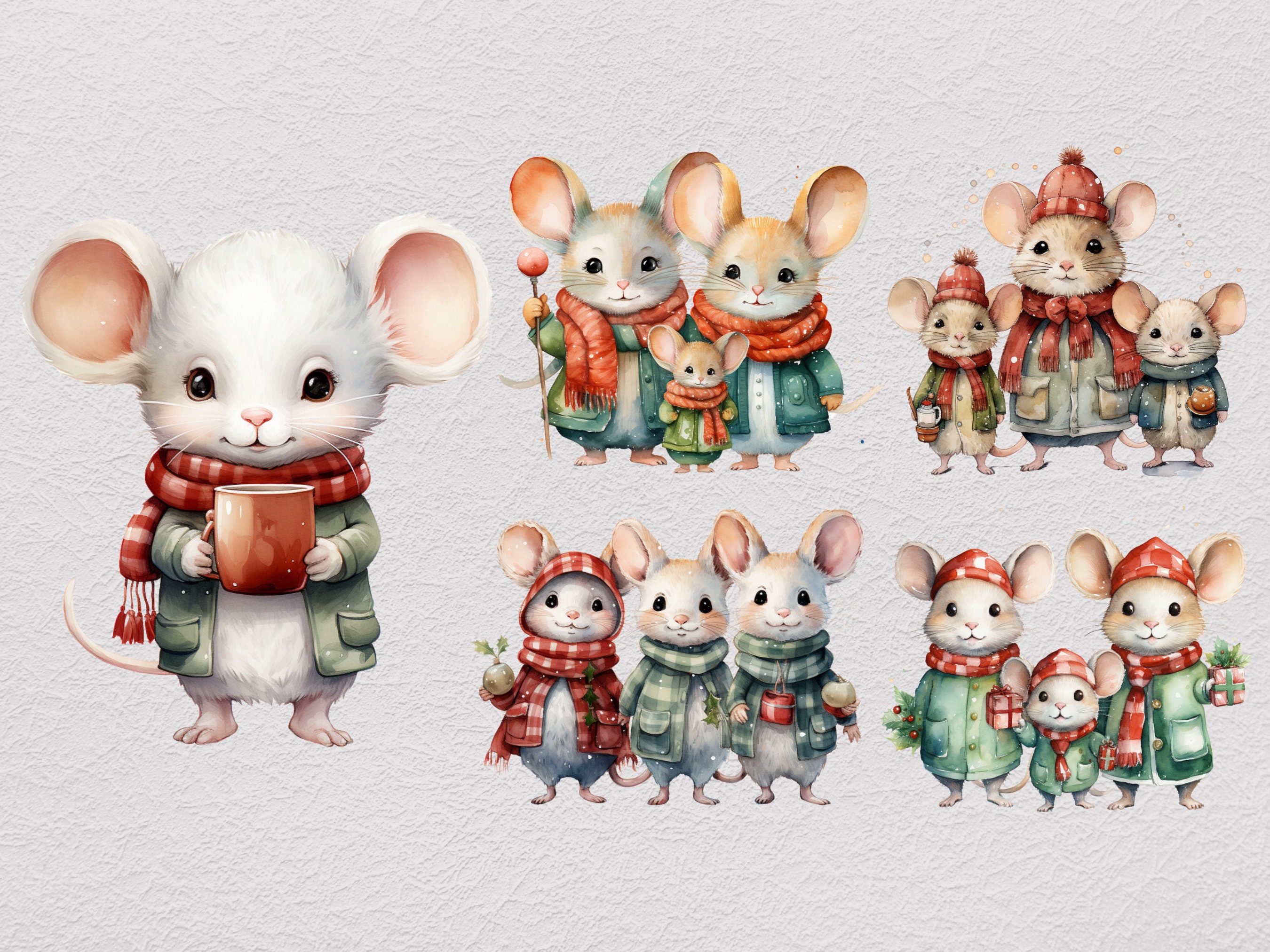 Cute Mice Clipart, Mice Family PNG, Scarf and Beanie, Snowy Friends ...