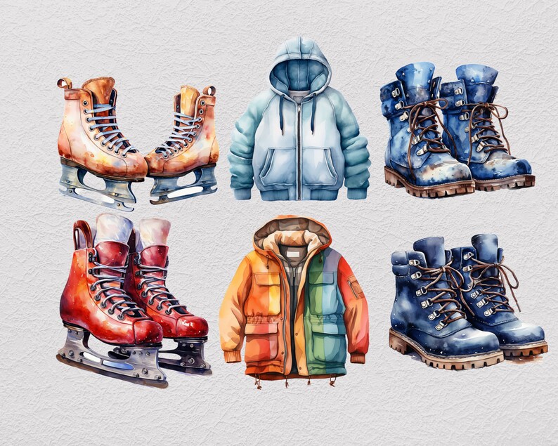 101 Watercolour Winter Outfit Clipart Bundle, Ski, Snow Boots, Jackets ...