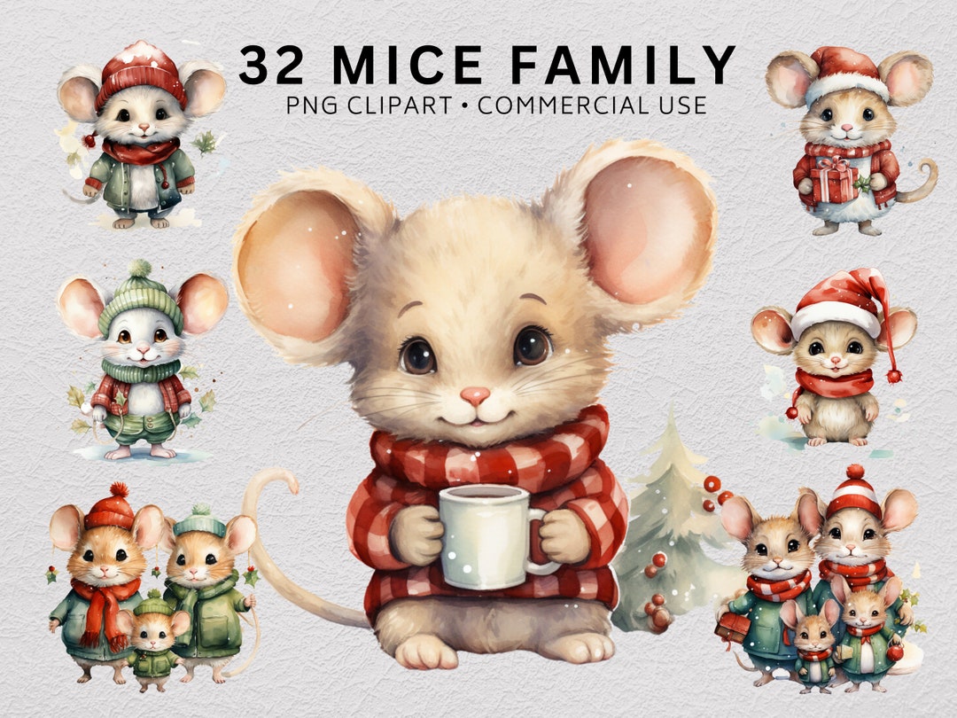 Cute Mice Clipart, Mice Family PNG, Scarf and Beanie, Snowy Friends ...