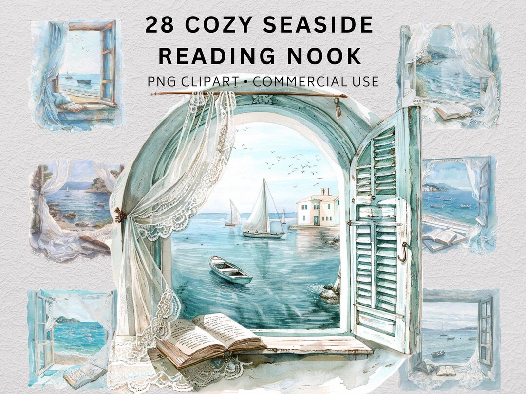 Cozy Seaside Reading Nook, Reading Nook Clipart, Books Clipart, Cozy ...
