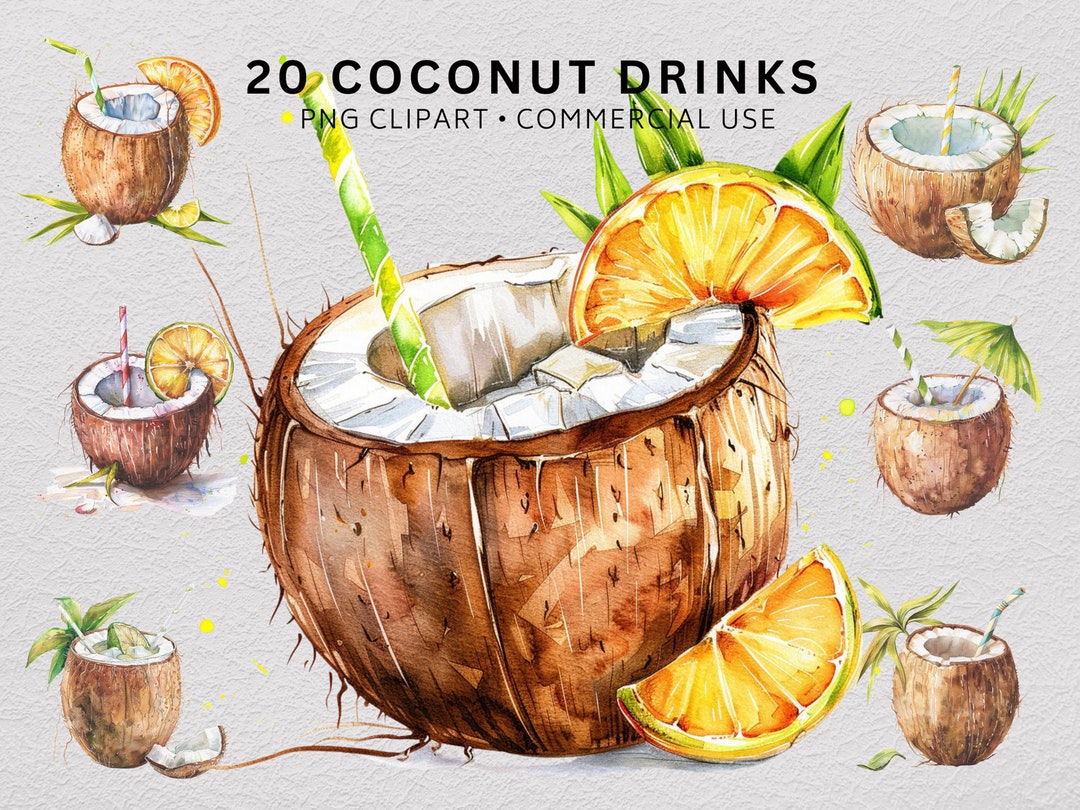 Summer Coconut Drinks Beach Clipart PNG Bundle Transparent Background ...