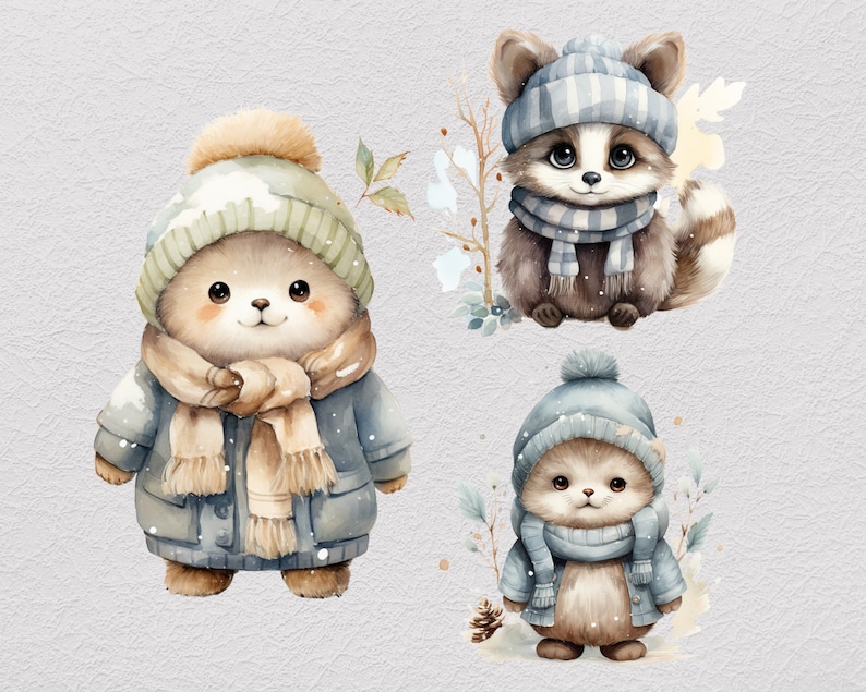 Cute Winter Animals Clipart, Cute Critters, Scarf and Beanie, Snowy ...