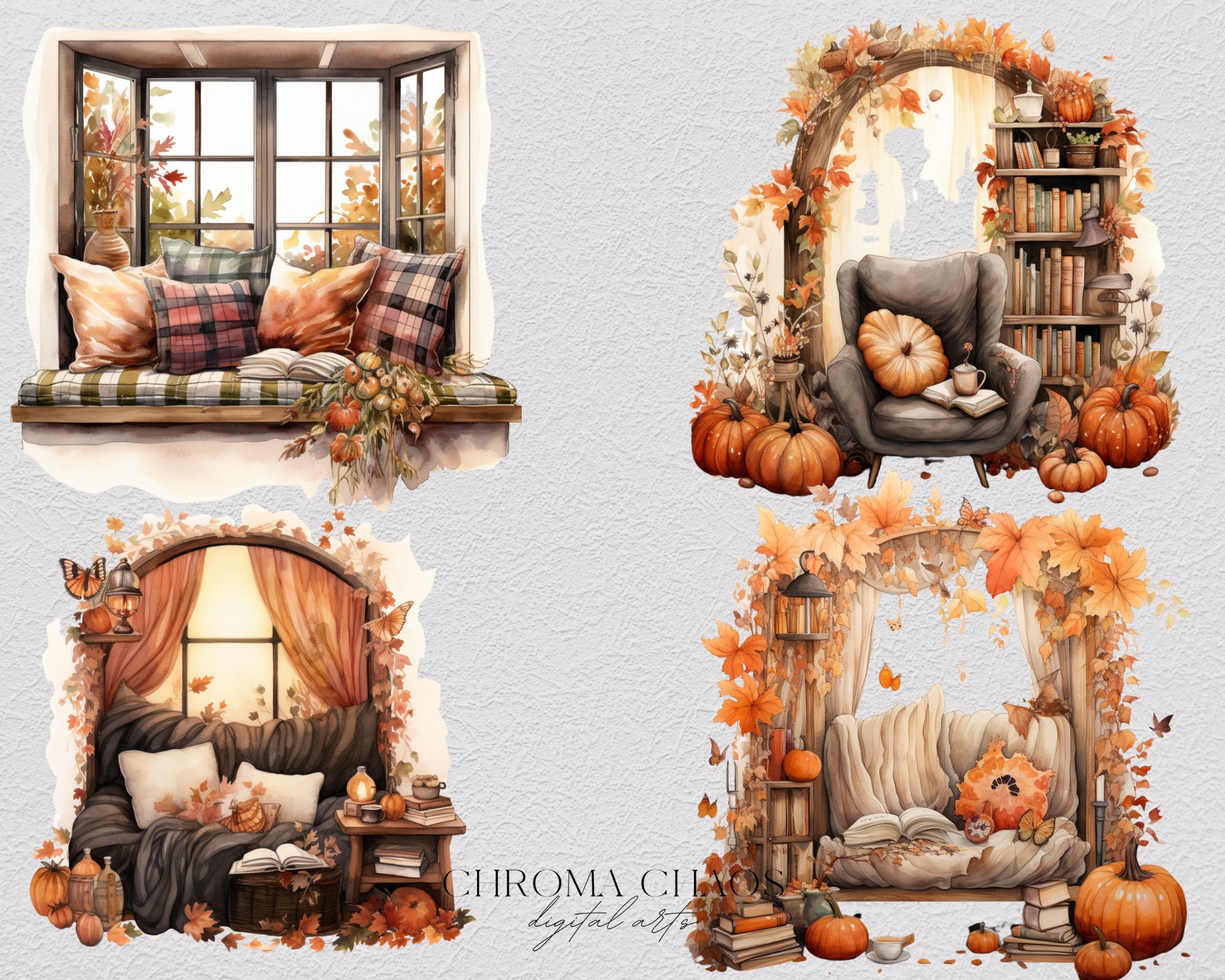 35 Watercolour Reading Corner Clipart Bundle, Autumn Reading Clipart ...