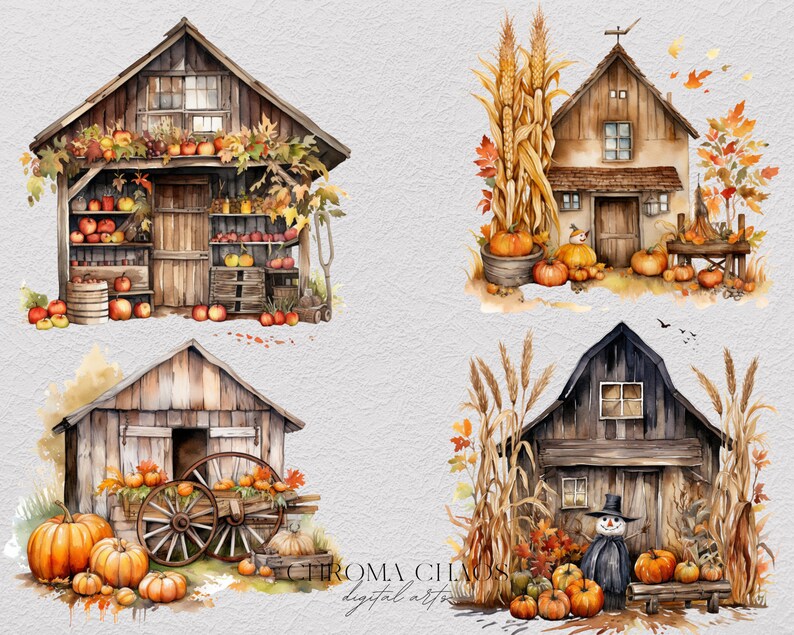 37 Watercolor Autumn Barns Clipart PNG Sublimation Bundle, Transparent ...
