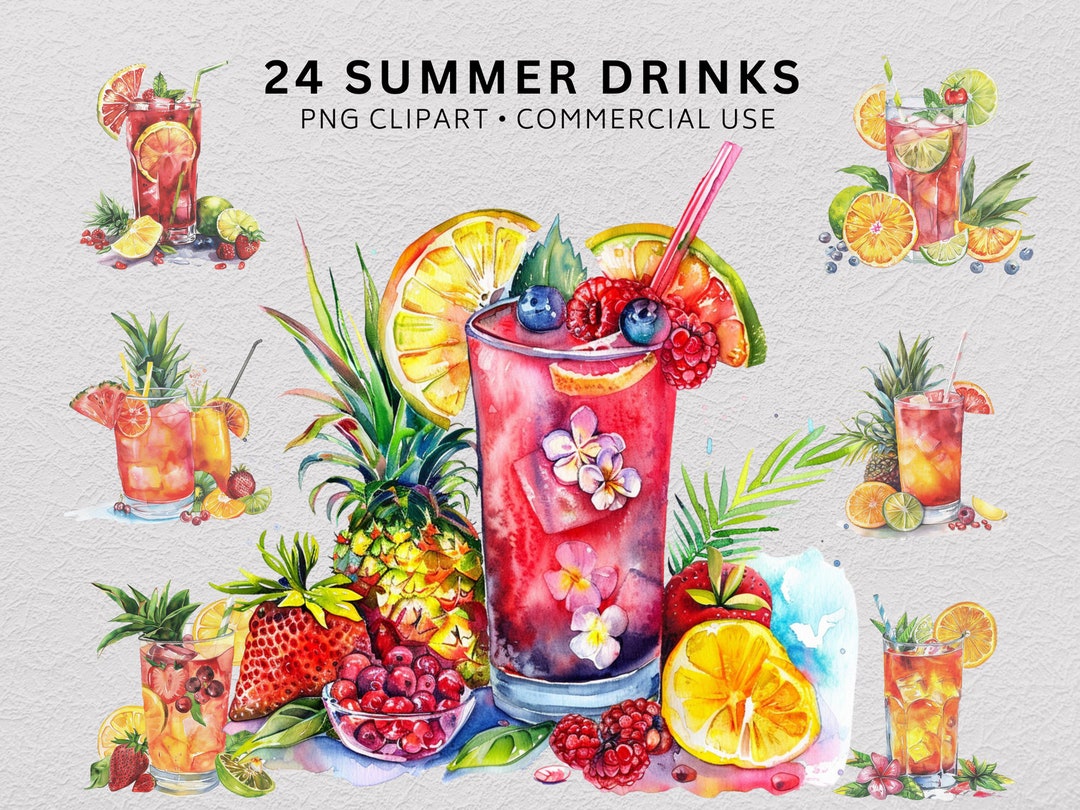 Summer Drinks Beach Clipart PNG Bundle Transparent Background Clip Art ...