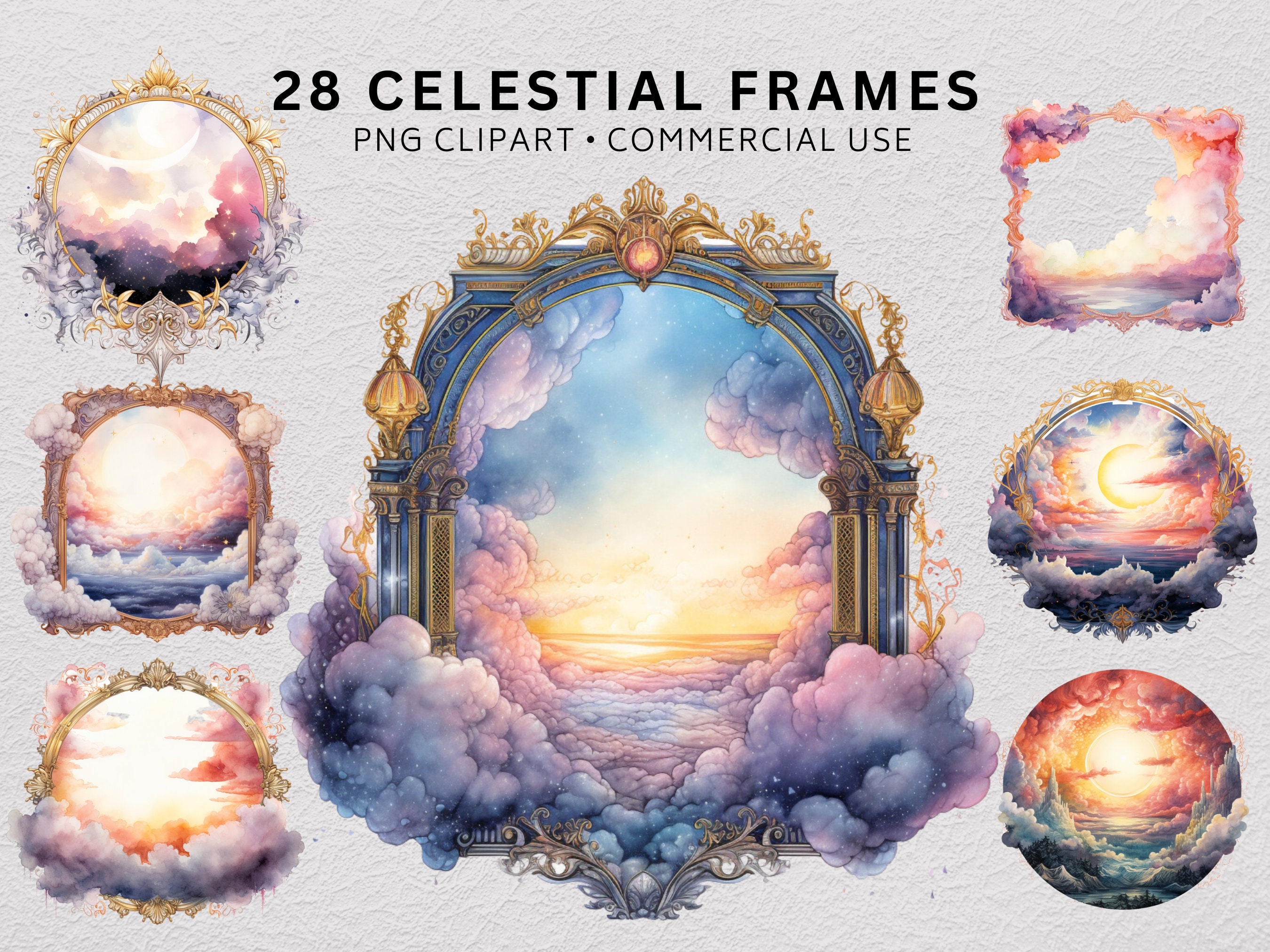 28 Watercolour Celestial Frames Clipart Bundle, Fantasy Clipart ...