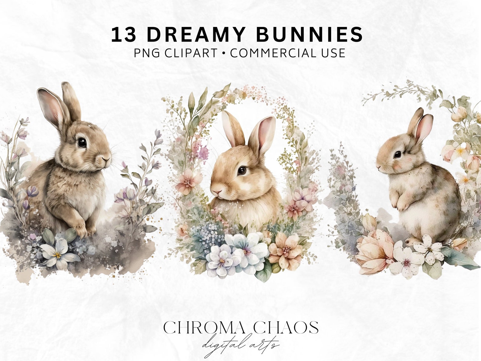 Watercolor Cute Bunny With Flowers Clipart Pack, Clipart for Commercial ...
