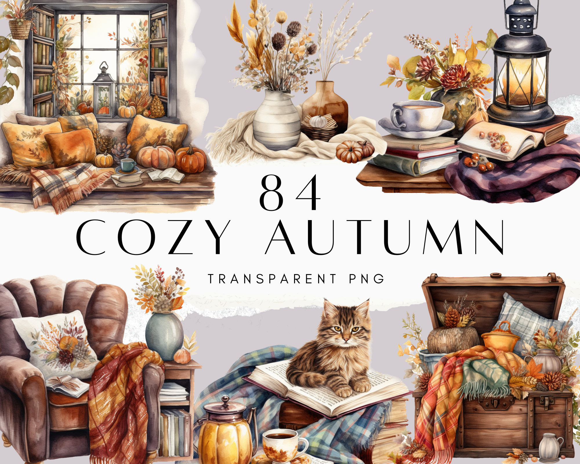 84 Watercolour Cozy Autumn Clipart Mega Bundle, Books Clipart, Cozy ...