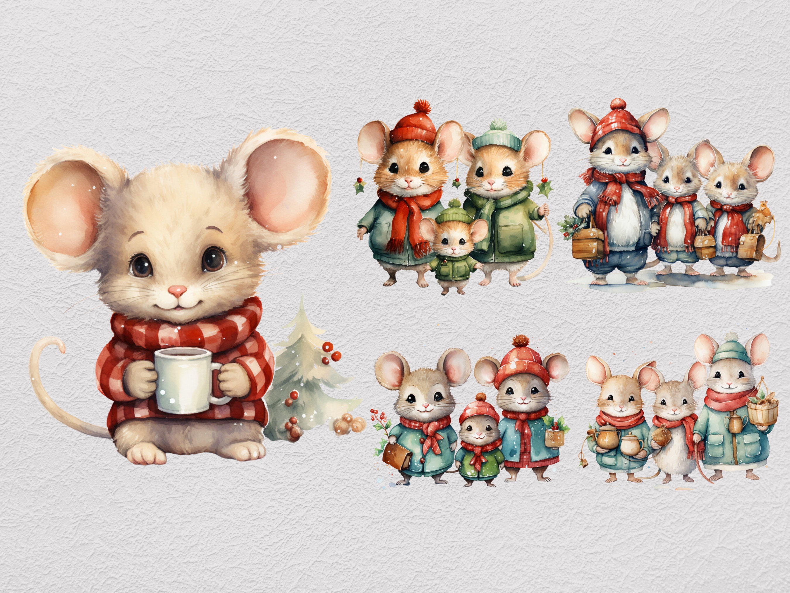 Cute Mice Clipart, Mice Family PNG, Scarf and Beanie, Snowy Friends ...