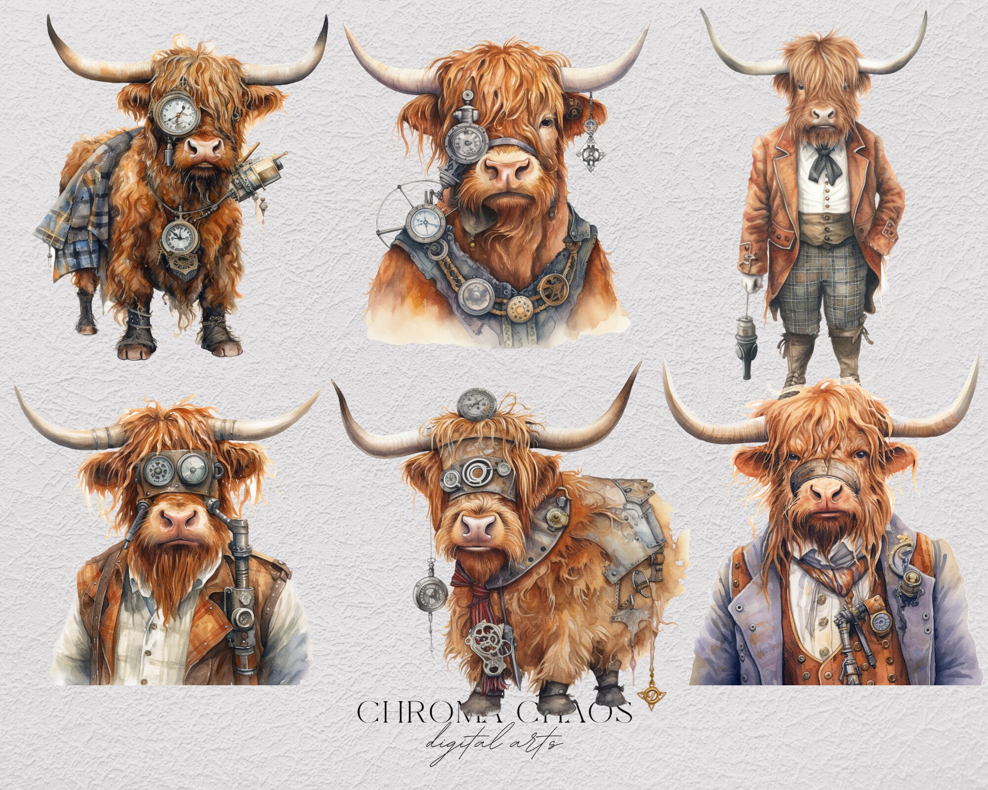 14 Steampunk Highland Cow Clip Art, Vintage Steampunk Animal PNG ...