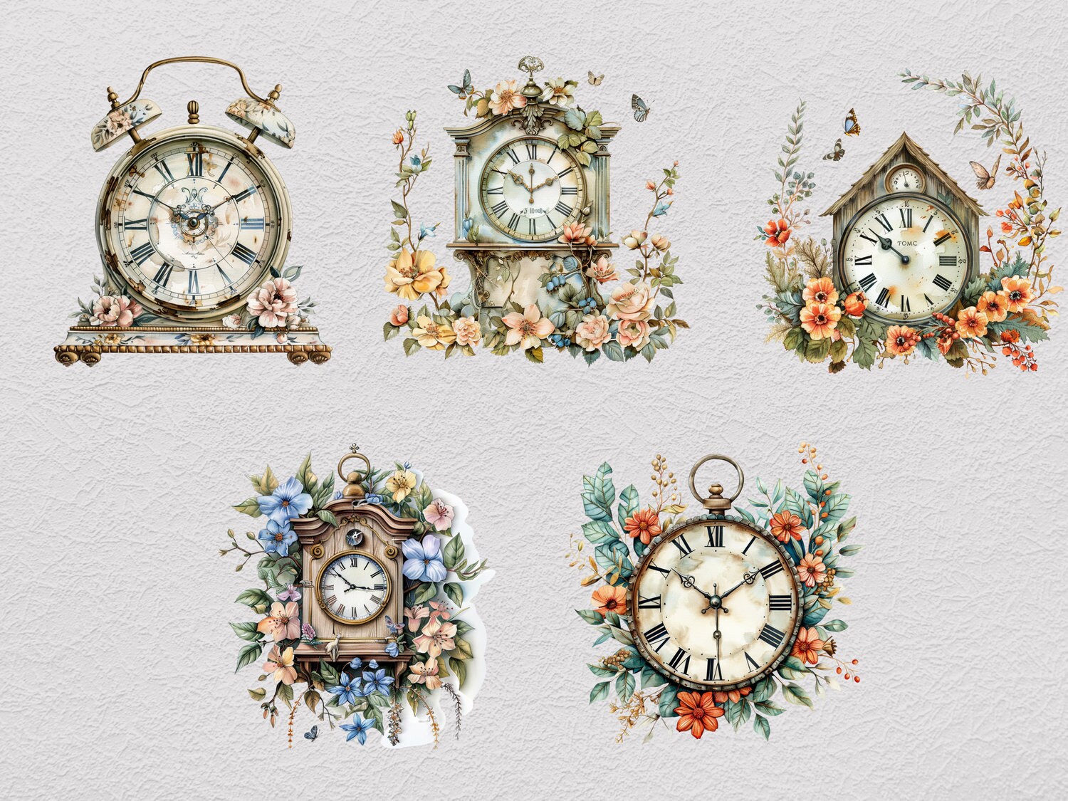 Vintage Clock Clipart PNG, Floral Clock PNG, Spring Clip Art, Vintage ...