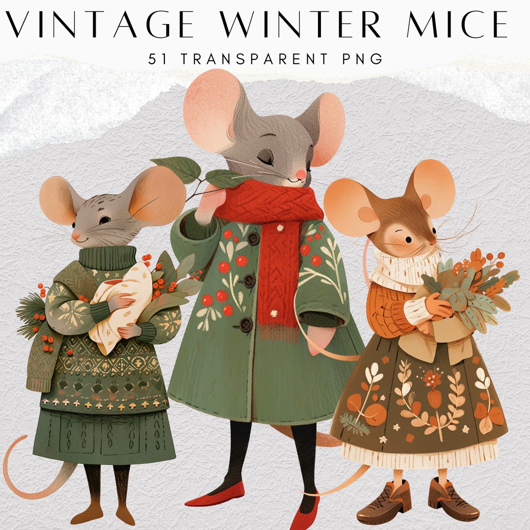 52 Vintage Winter Mice Clipart, Cute Critters, Scarf and Beanie, Winter ...