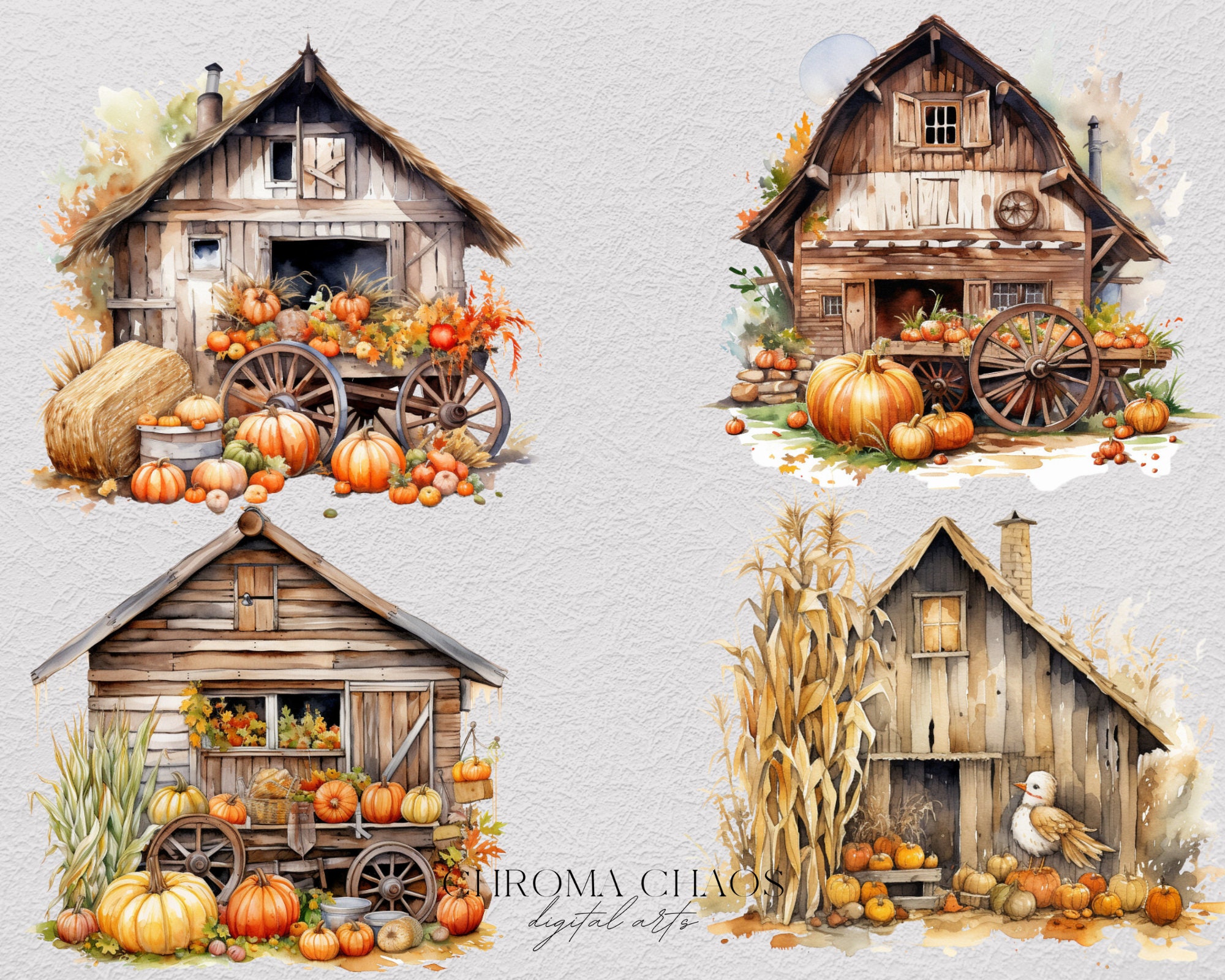 37 Watercolor Autumn Barns Clipart PNG Sublimation Bundle, Transparent ...