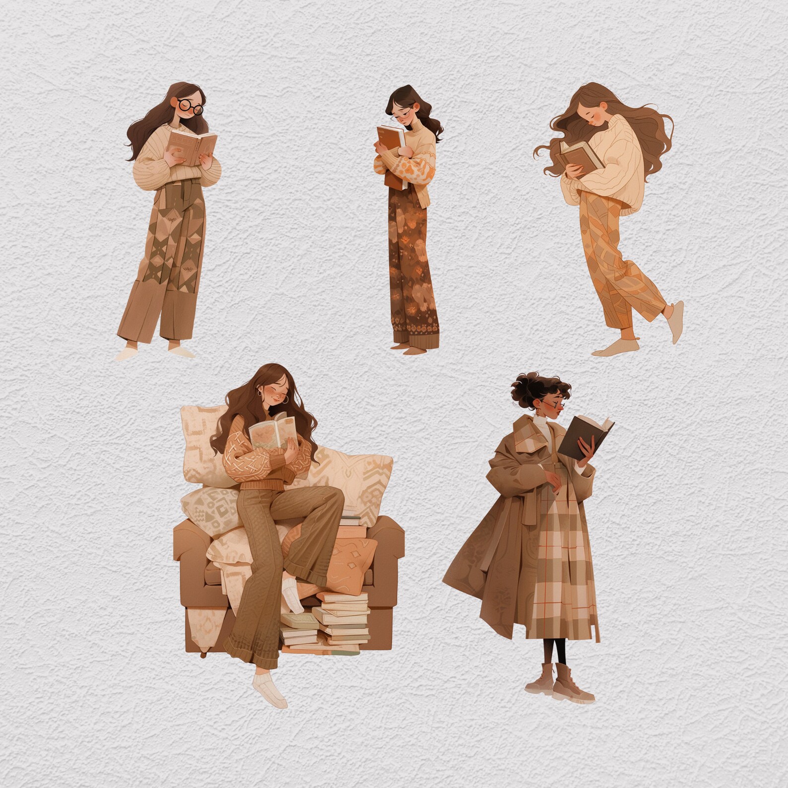 Girls Reading Novel Clipart Bundle, Books Clipart, Cozy Clipart ...