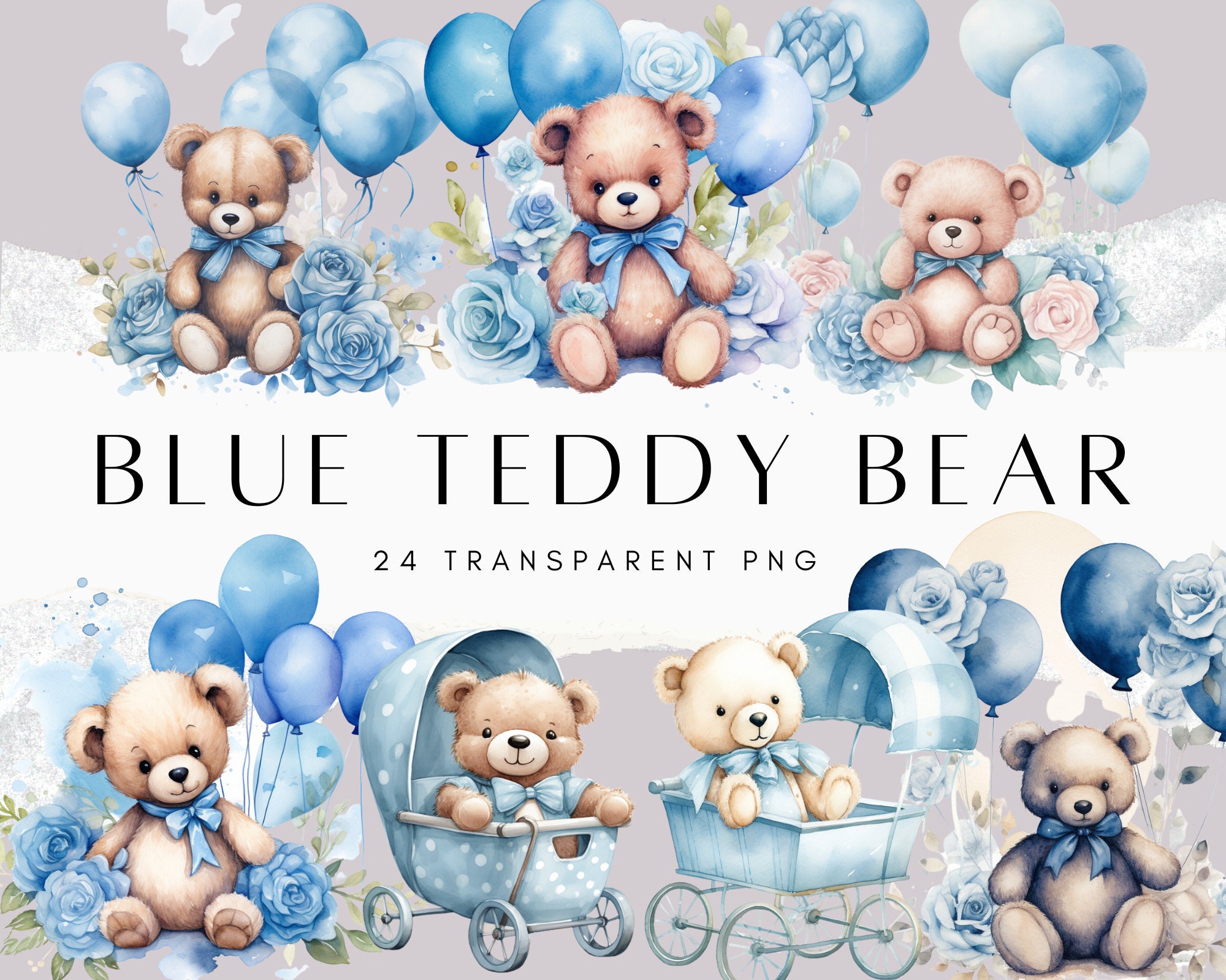Blue Teddy Bear Clipart Teddy Bear With Balloon PNG Nursery - Etsy