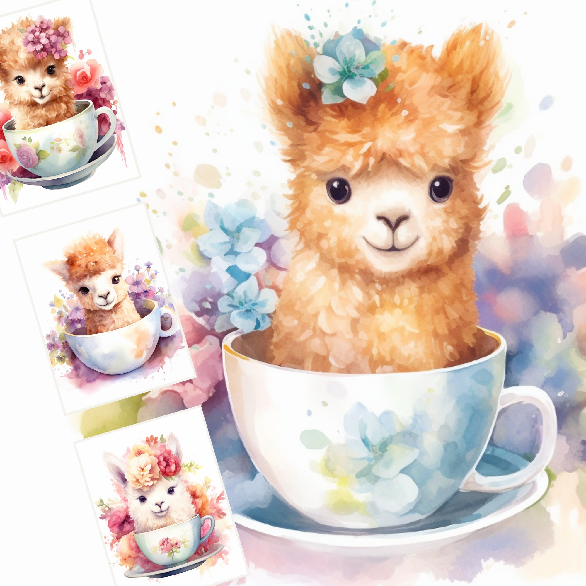 14 Cute Alpaca in a Cup PNG, Watercolor Clipart, First Birthday Decor ...