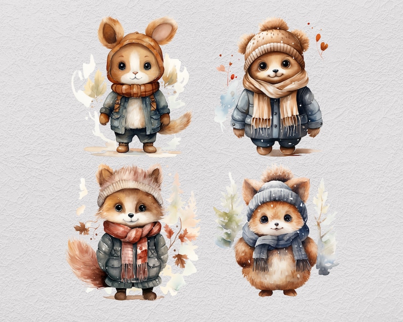 Cute Winter Animals Clipart, Cute Critters, Scarf and Beanie, Snowy ...