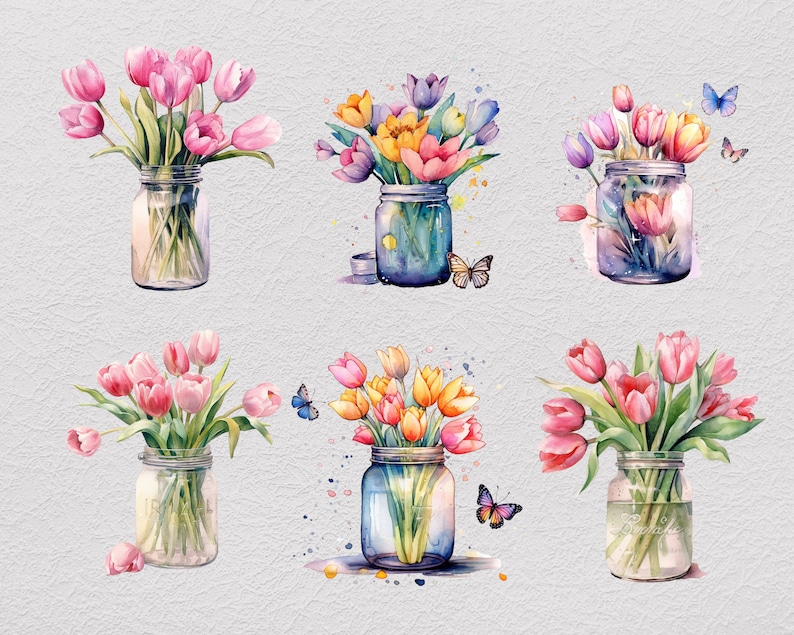 50 Watercolor Tulip Clip Art, Tulip Floral Bouquets in PNG Format ...