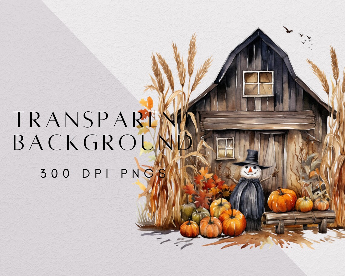 37 Watercolor Autumn Barns Clipart PNG Sublimation Bundle, Transparent ...