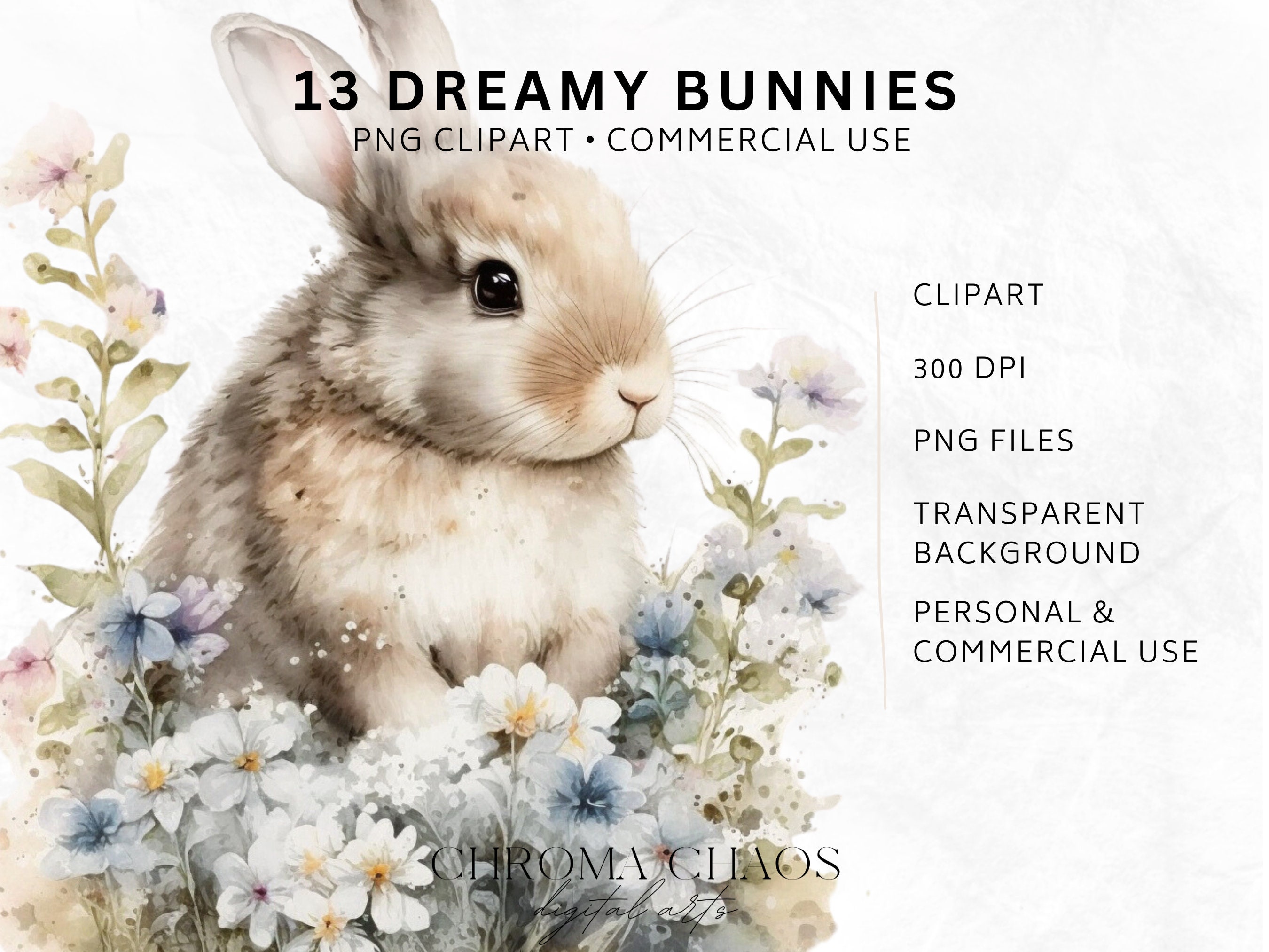 Watercolor Cute Bunny With Flowers Clipart Pack, Clipart for Commercial ...