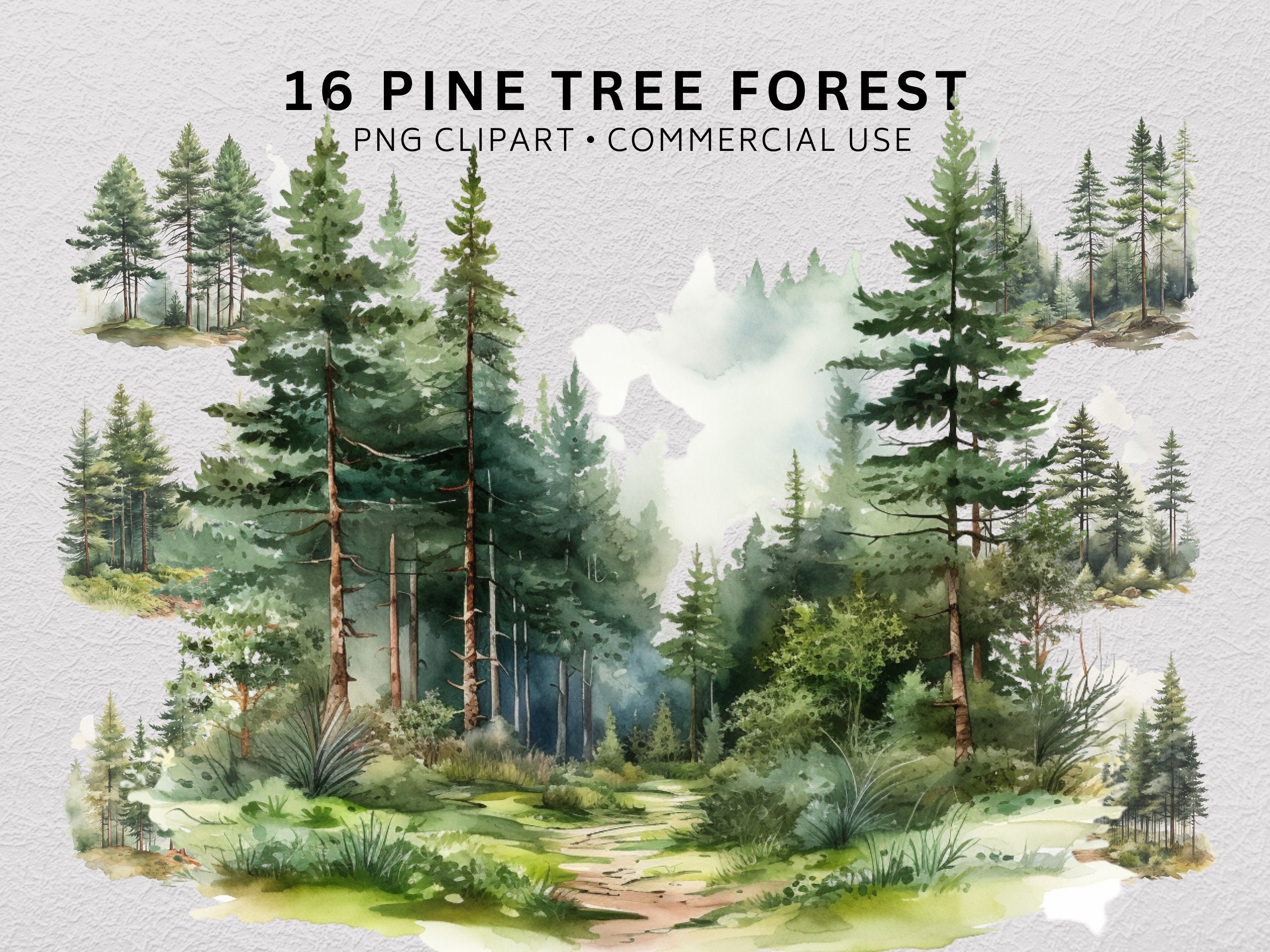 Pine Tree Forest Clipart Bundle, Transparent PNG, Beautiful Watercolor Mountain River Clip Art ...