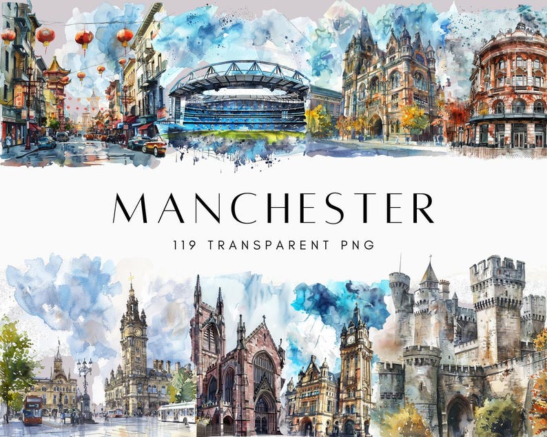 Manchester Clipart, Watercolour City Clipart Bundle, Around the World ...