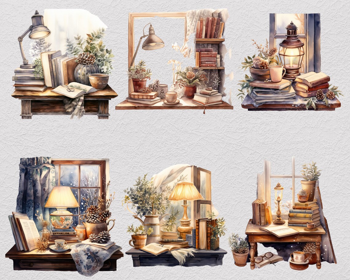 Watercolour Winter Study Clipart Bundle, Books Clipart, Cozy Clipart ...